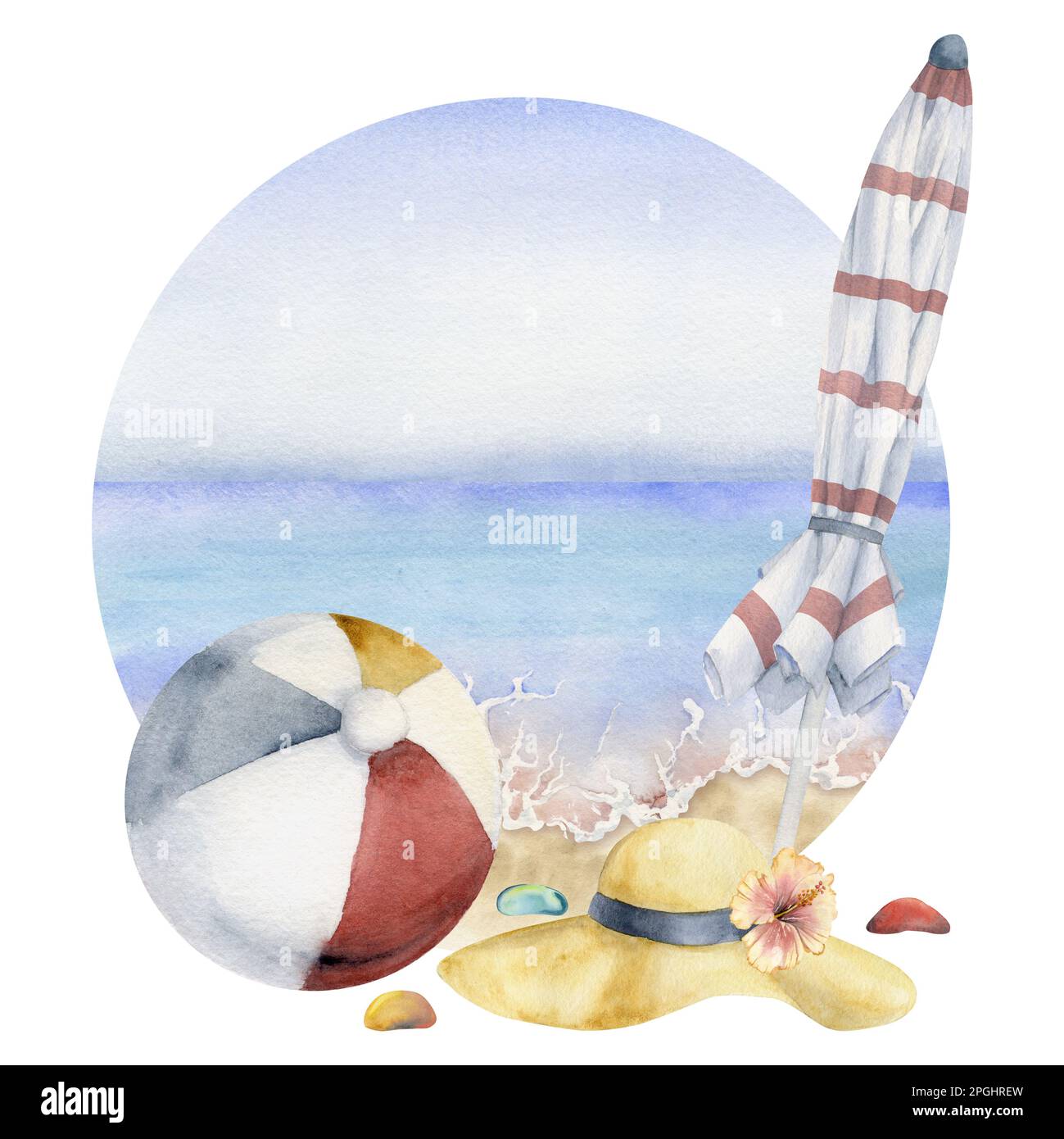Hand Drawn Watercolor Composition Seascape With Beach Accessories