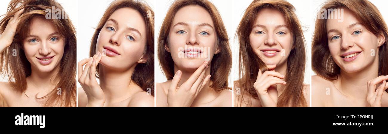 Collage. Set of portraits of young beautiful girl with healthy ...