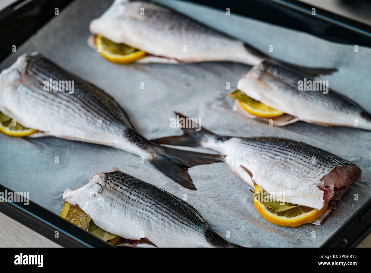 Fish ready on the baking tray sheet and baking paper, lemon daphne, sea ...