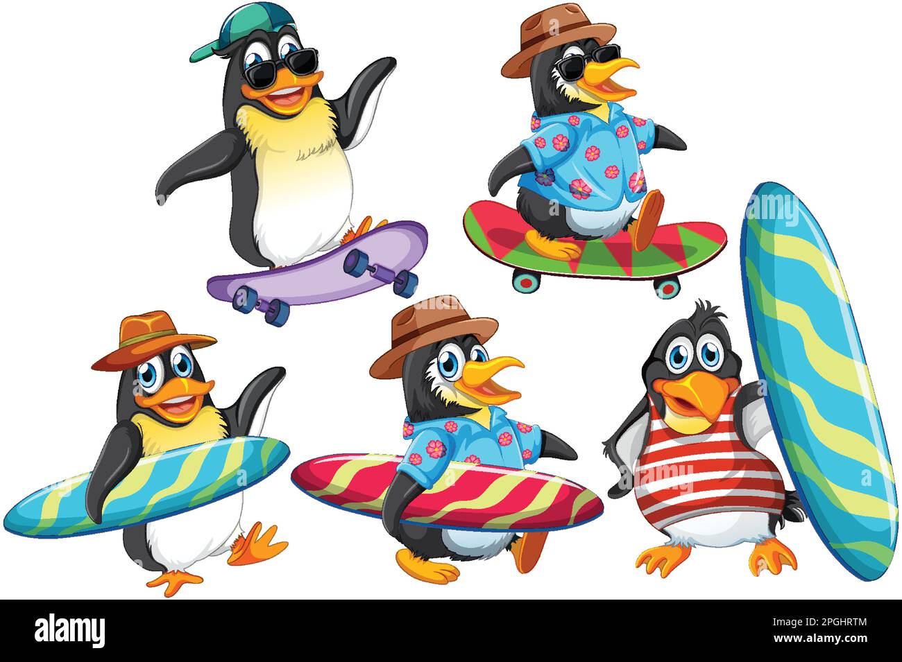Penguin Cartoon Characters in Summer Theme illustration Stock Vector ...