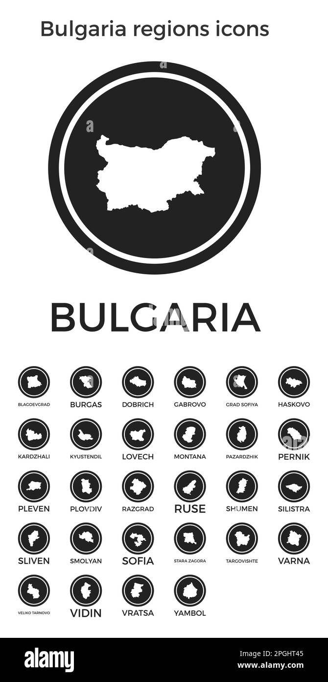 Bulgaria regions icons. Black round logos with country regions maps and ...