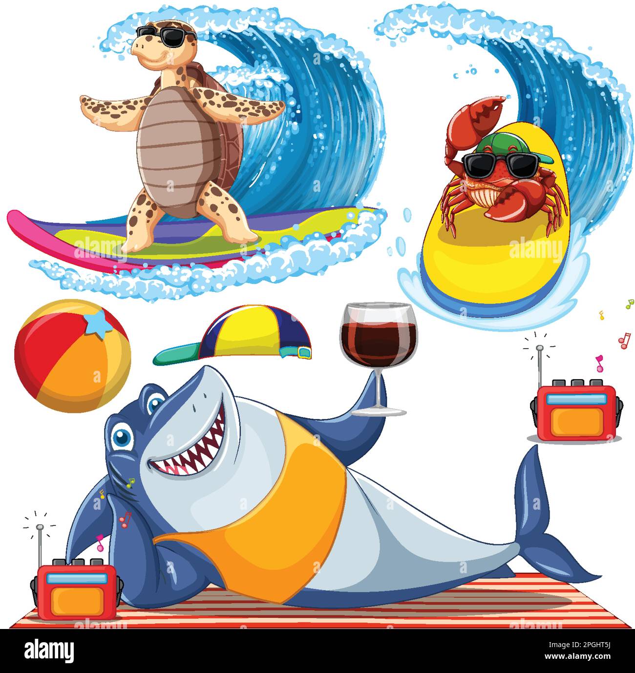 Set of sea creatures cartoon character in summer illustration Stock ...