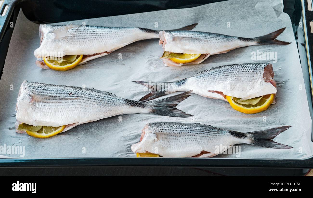 Fish ready on the baking tray sheet and baking paper, lemon daphne, sea ...