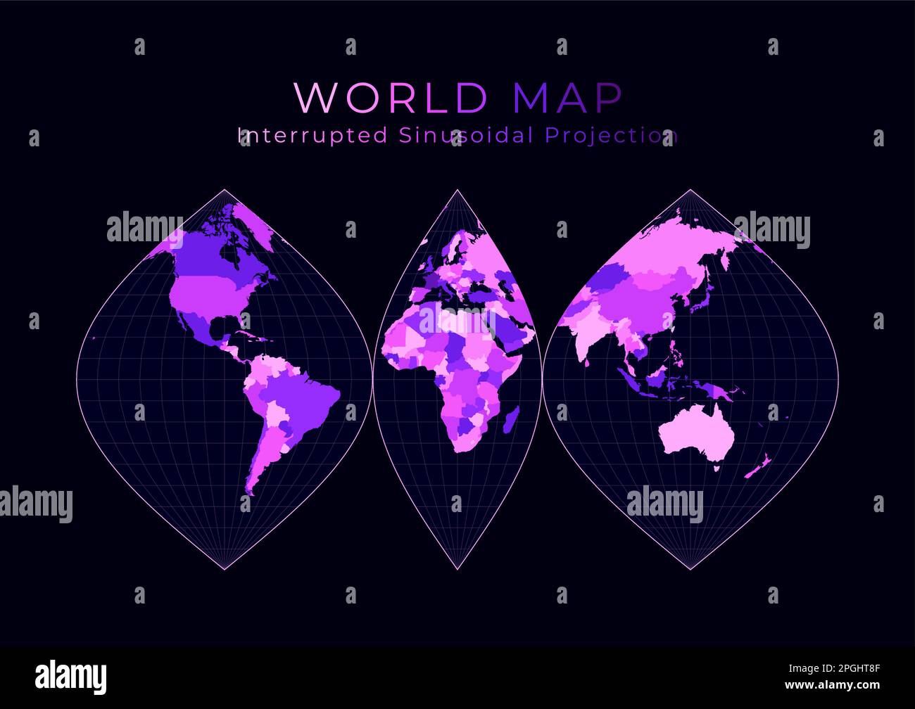 World Map. Interrupted sinusoidal projection. Digital world illustration. Bright pink neon ...