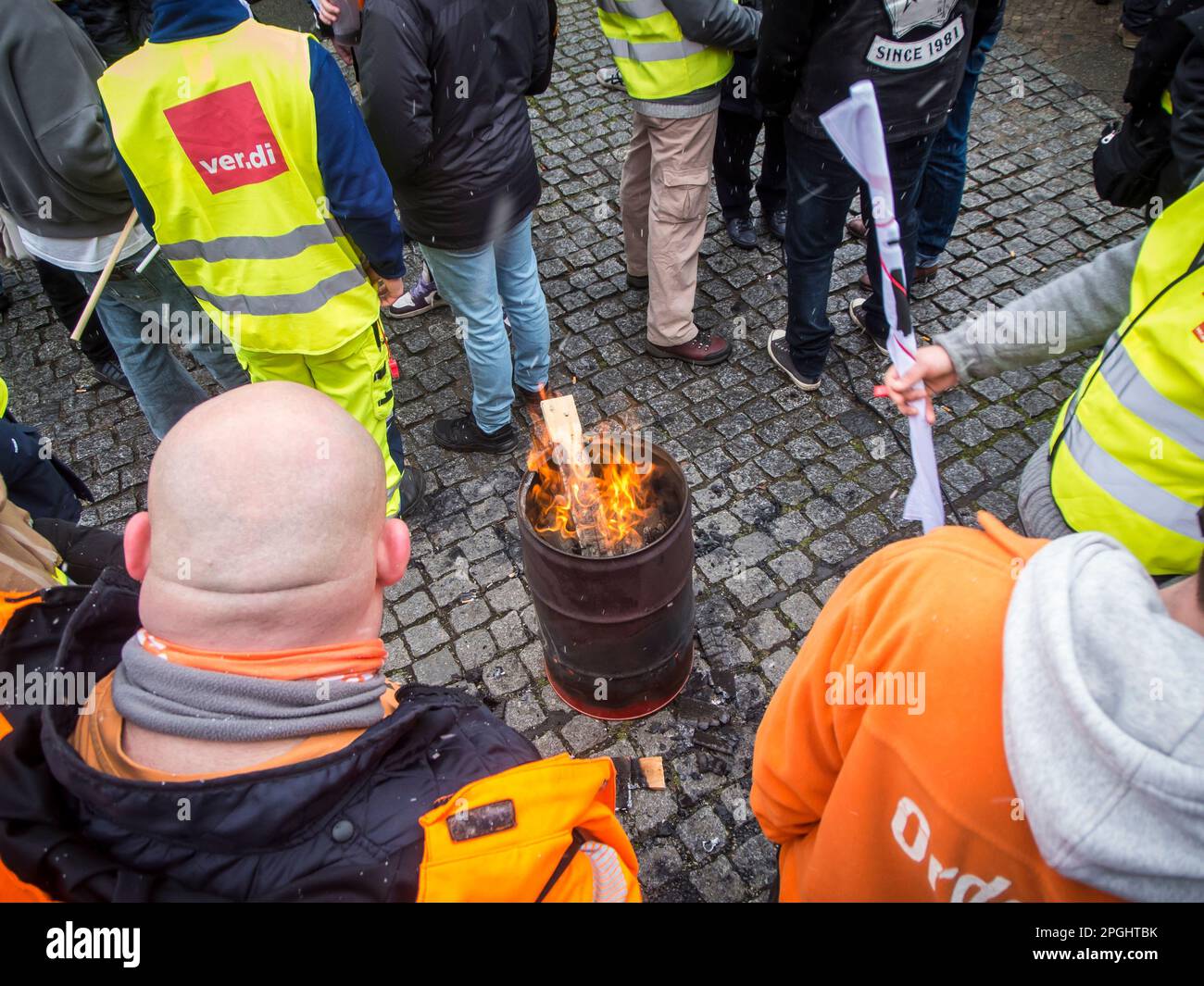 Berlin, Germany - March 06, 2023: Warning strike in front of the gates ...