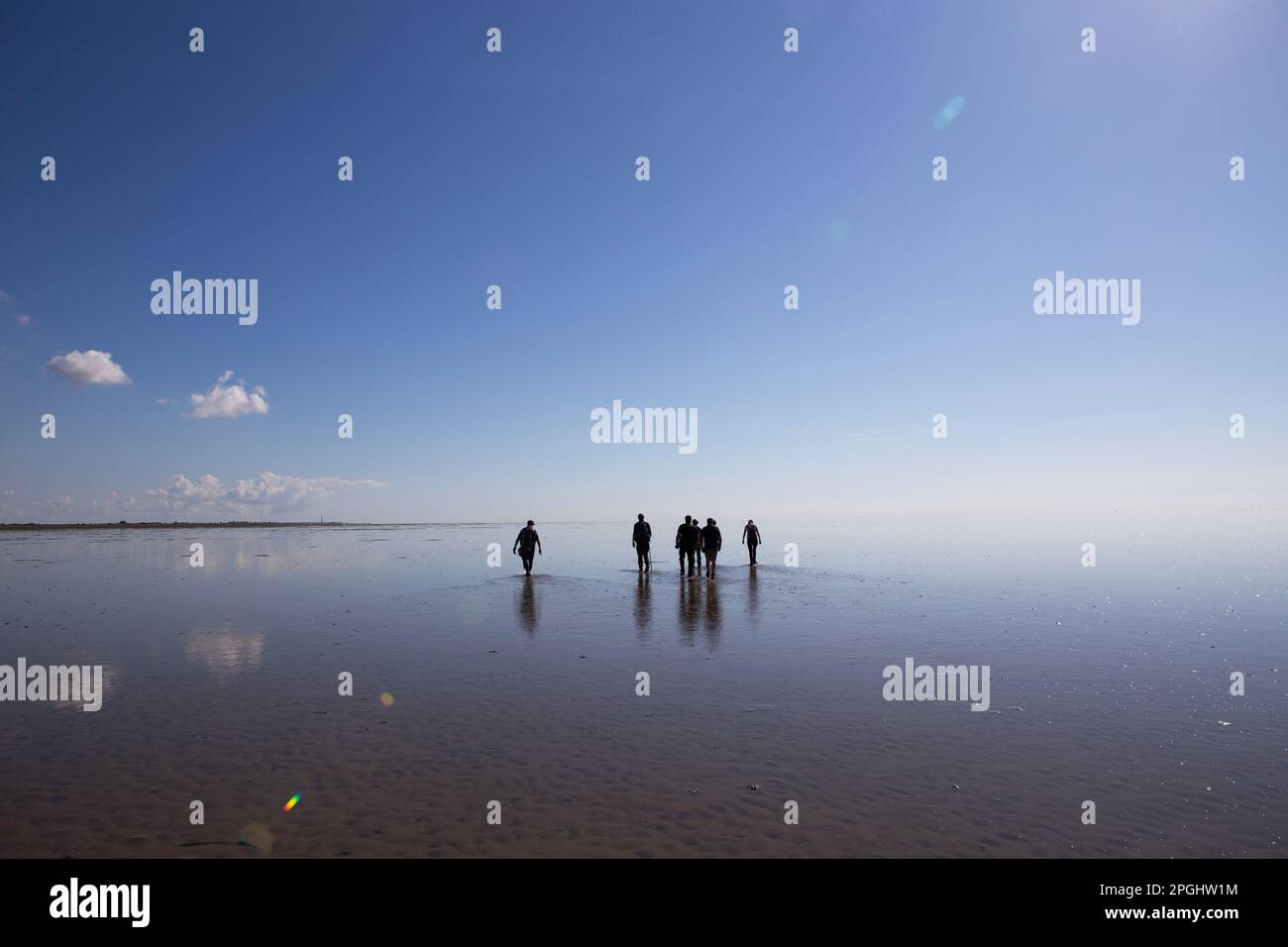 A group of walkers (in silhouette) on the Broomway, off Foulness Island ...