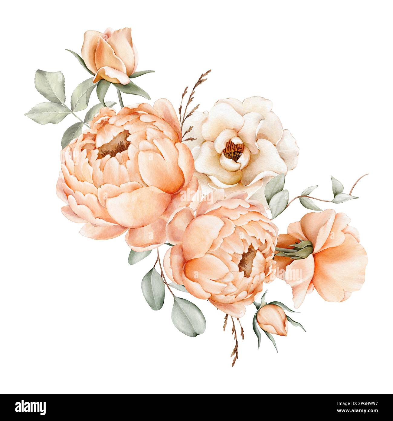 Watercolor floral bouquet of white, peach, pink flowers, green leaves ...