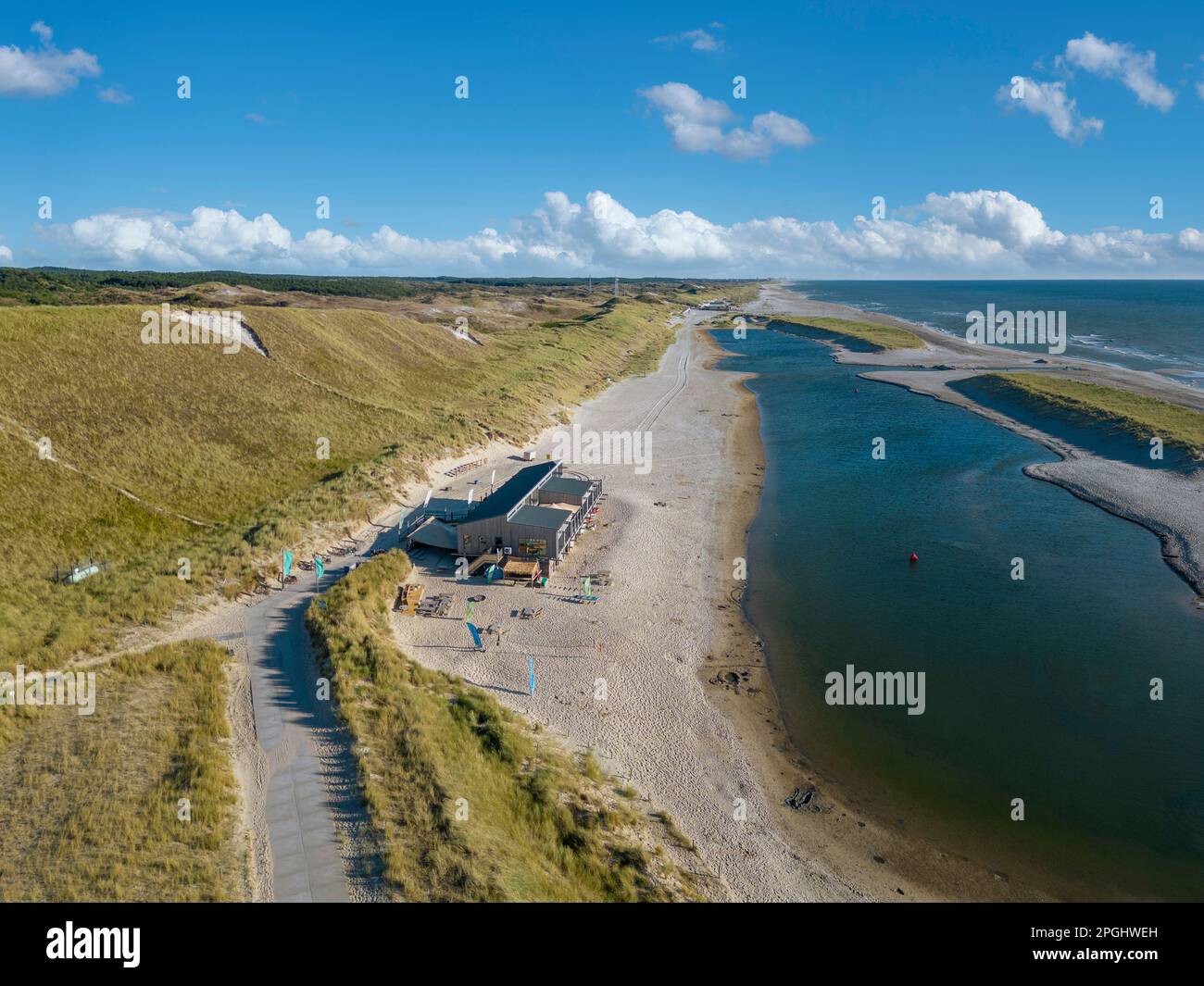 Aerial view with the lagoon at Camperduin beach, Schoorl, North Holland ...
