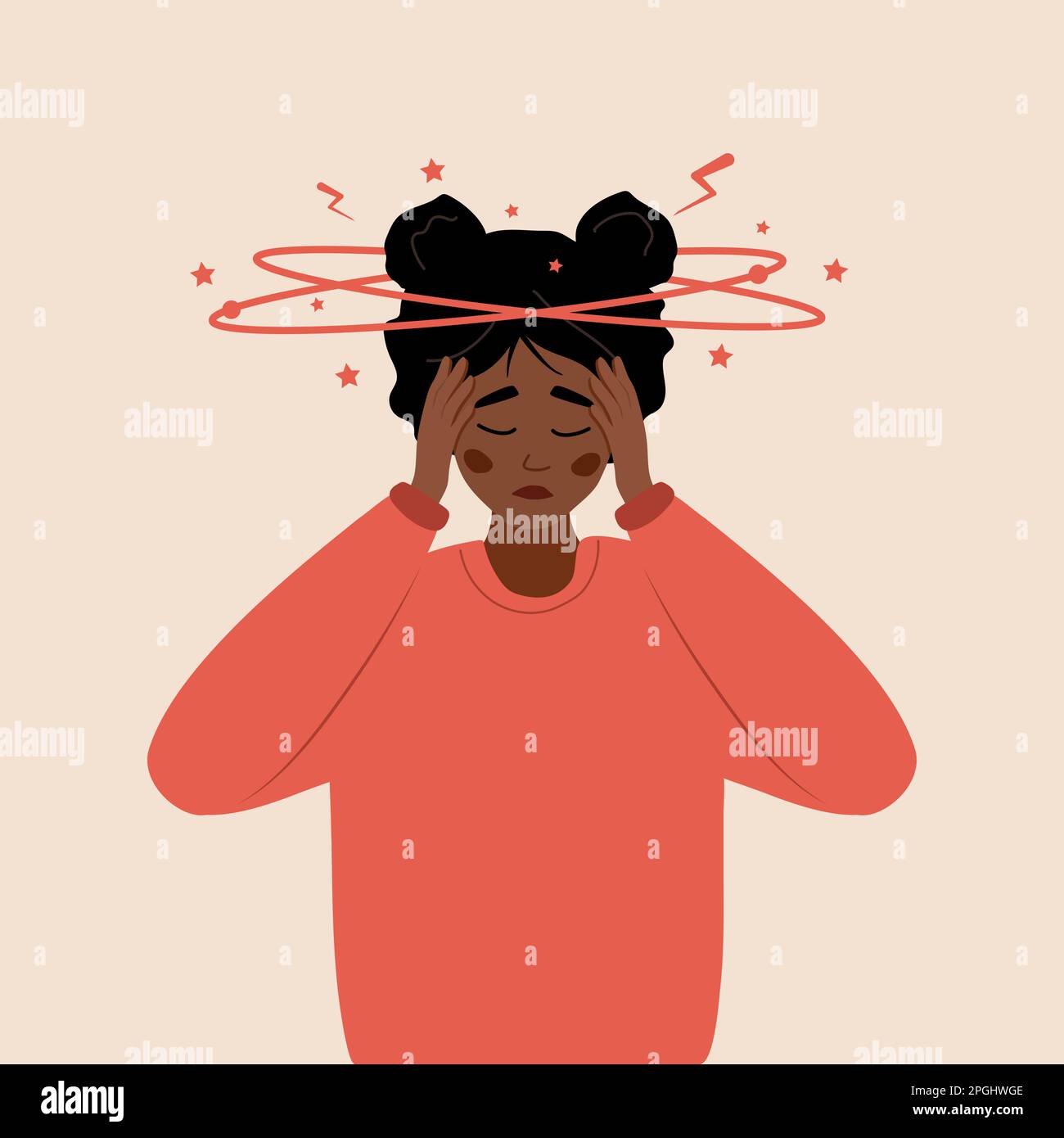 Anemia concept. Sad african woman with dizziness. Unhappy girl suffers ...