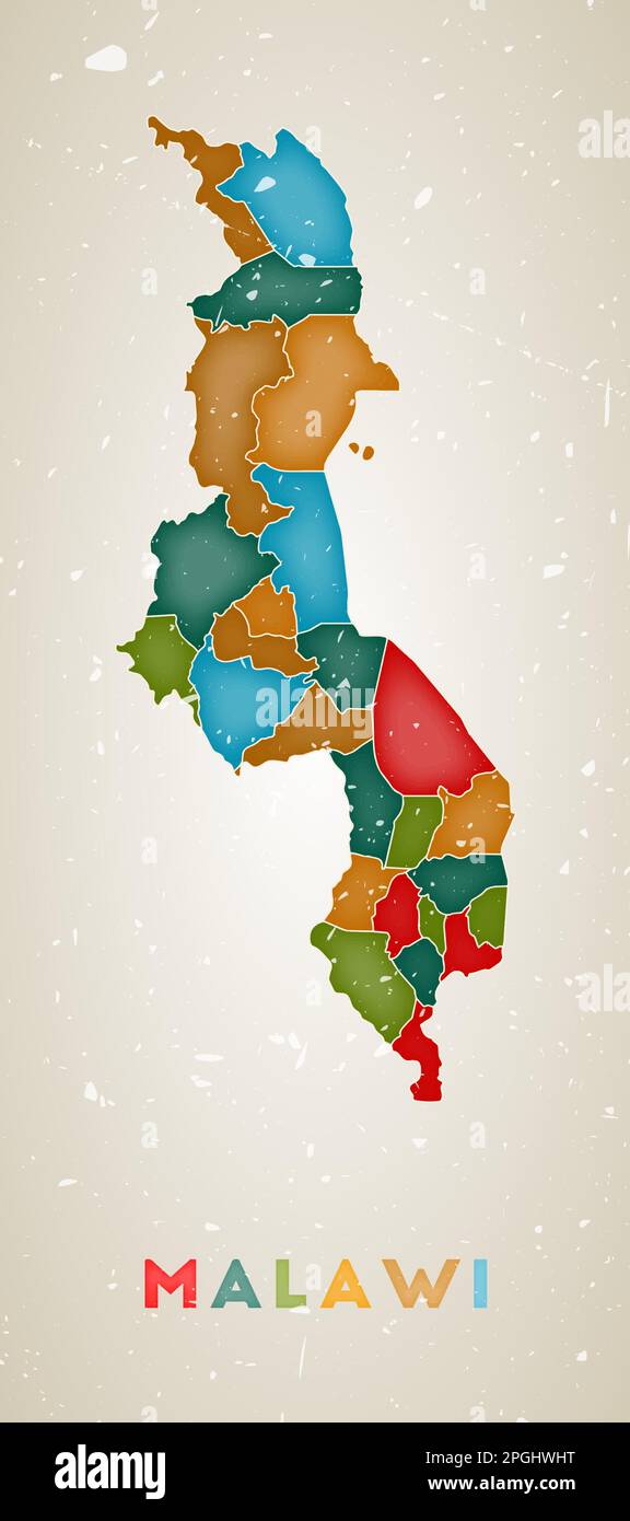 Malawi map. Country poster with colored regions. Old grunge texture ...