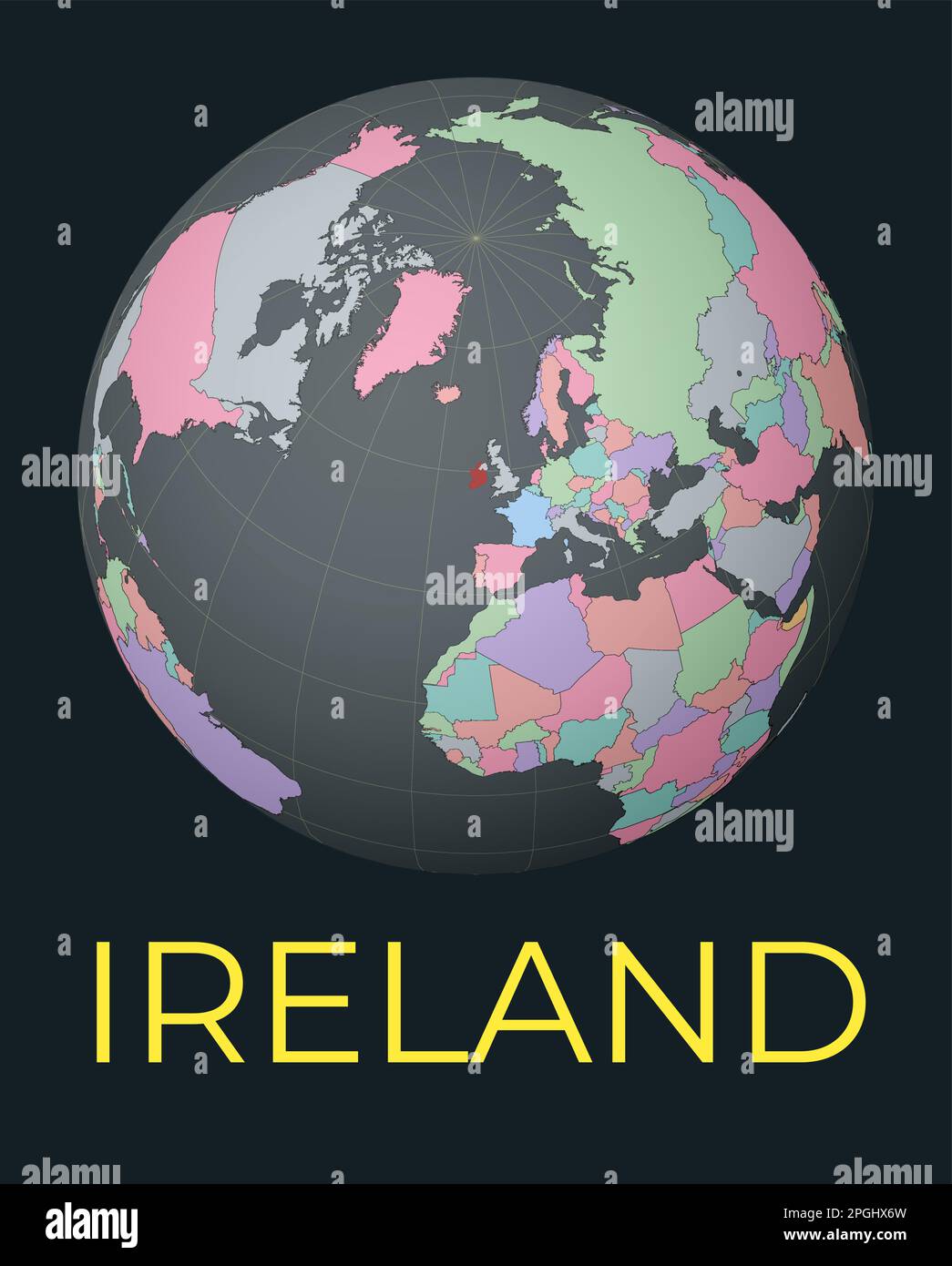World map centered on Ireland. Red country highlighted. Satellite world ...