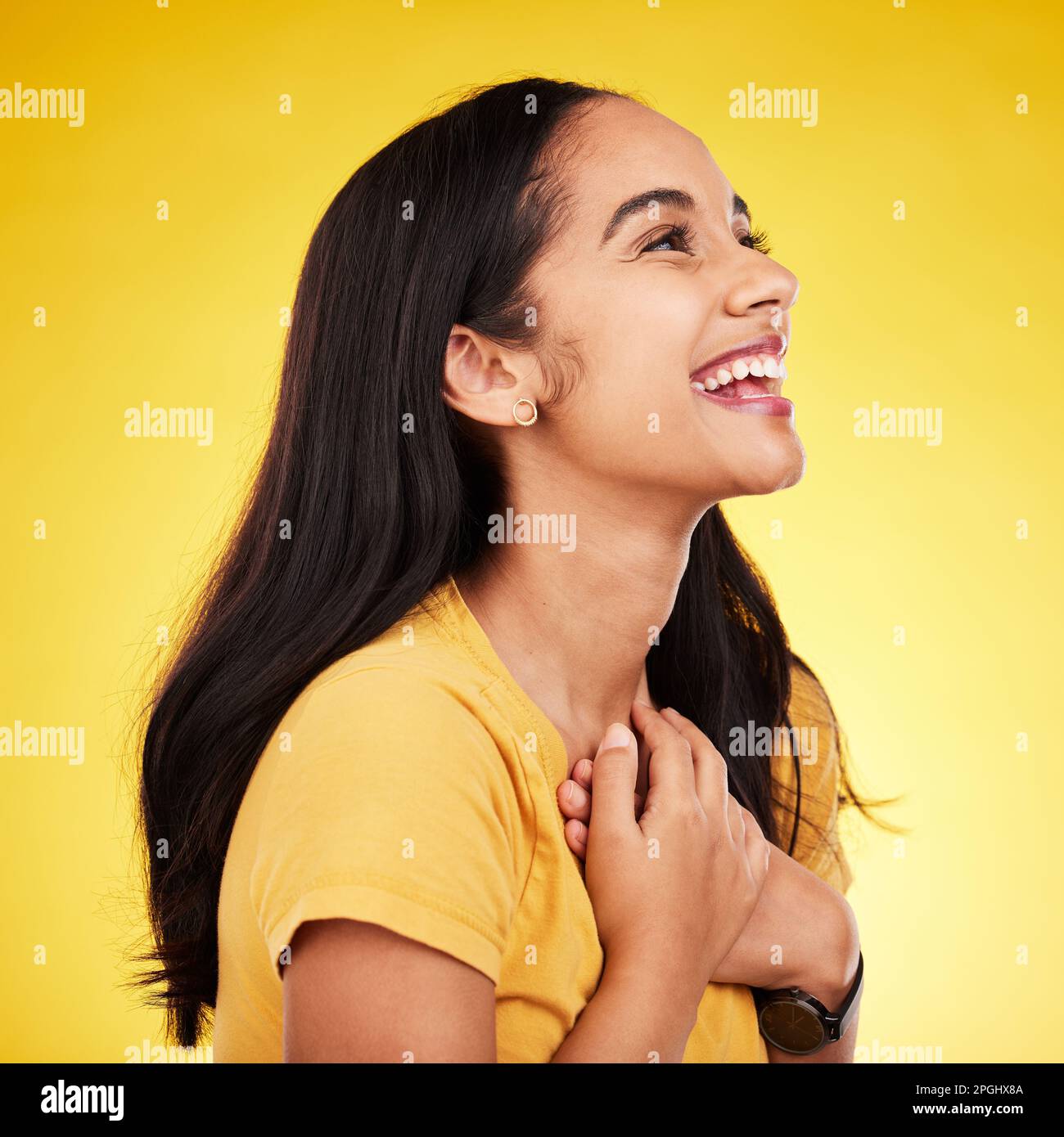Woman laugh, profile and studio with a excited young model happy with ...
