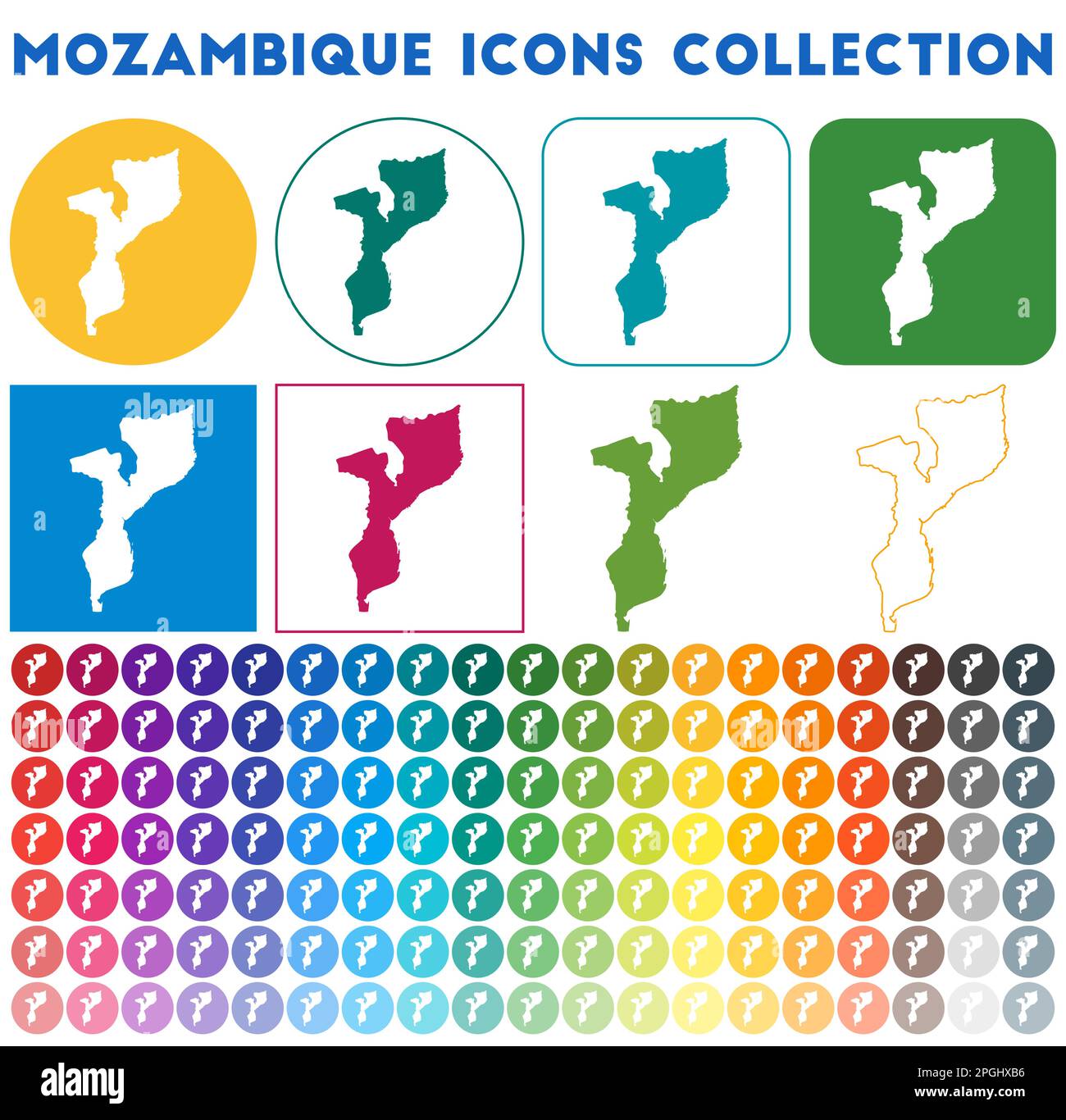 Mozambique icons collection. Bright colorful trendy map icons. Modern Mozambique badge with ...