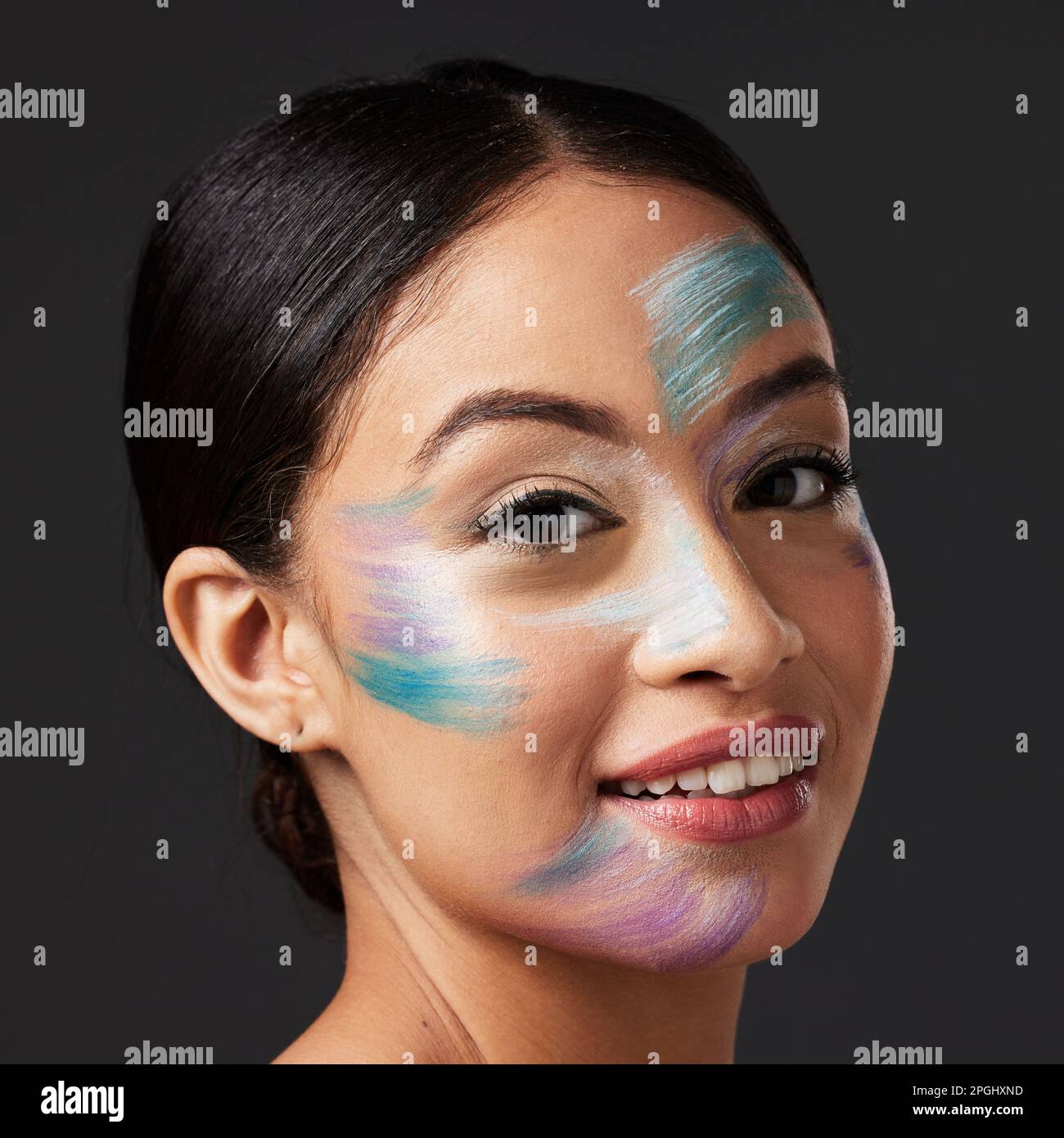 Beauty, face paint and smile, portrait of woman with creative makeup ...