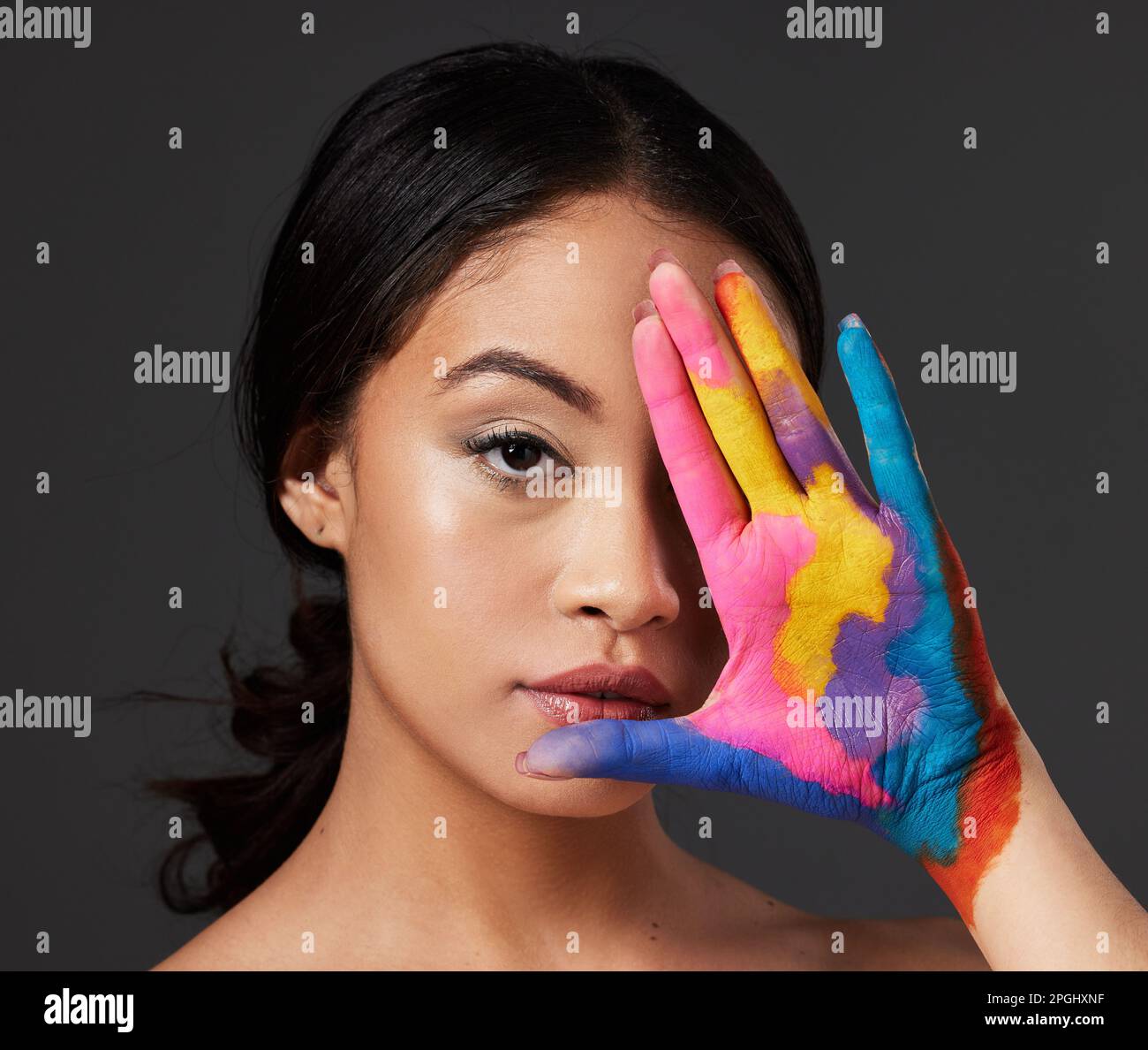 Beauty, woman and face, paint on palm with art, colorful aesthetic and ...