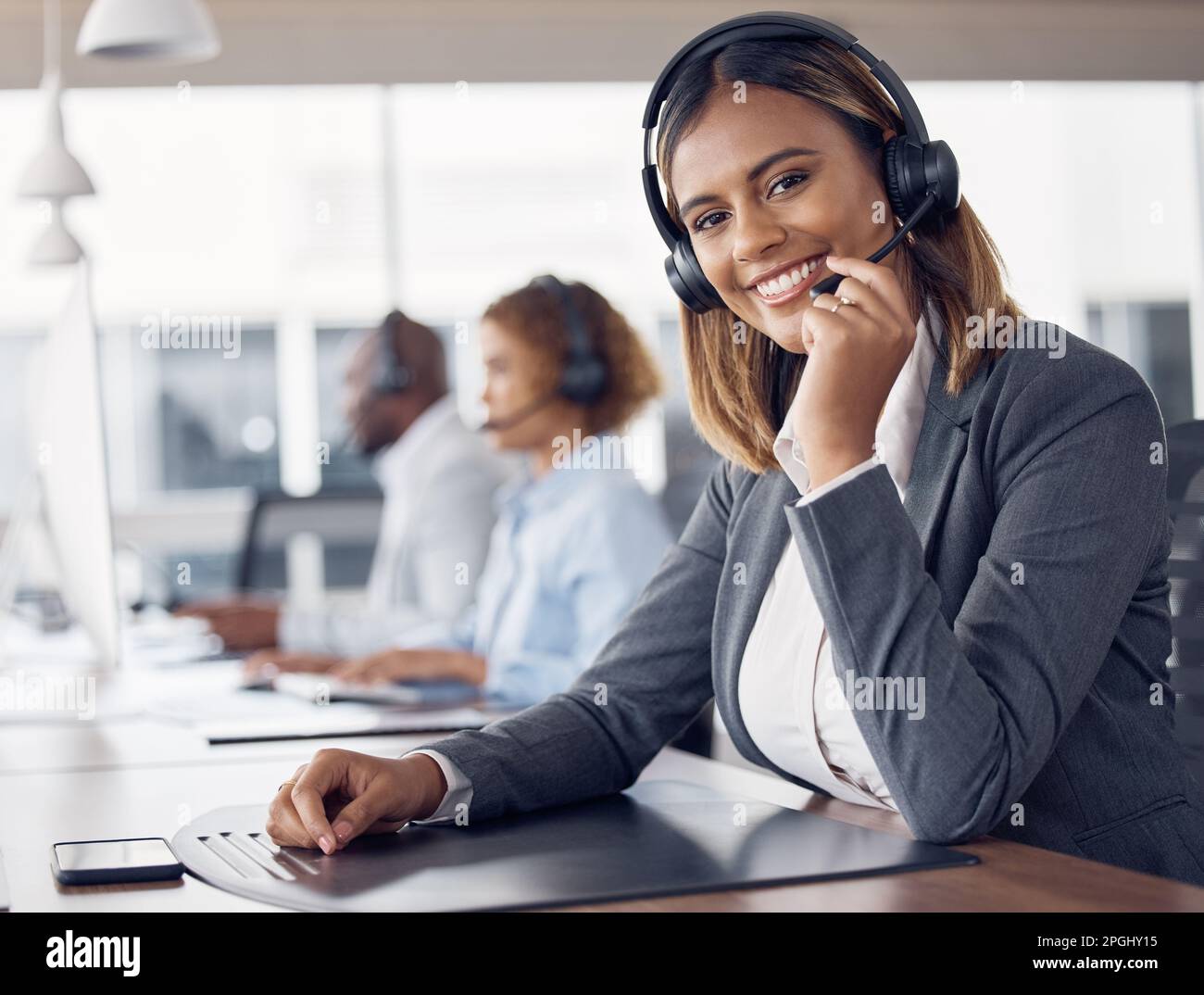Call center woman, portrait and smile in office for customer support ...
