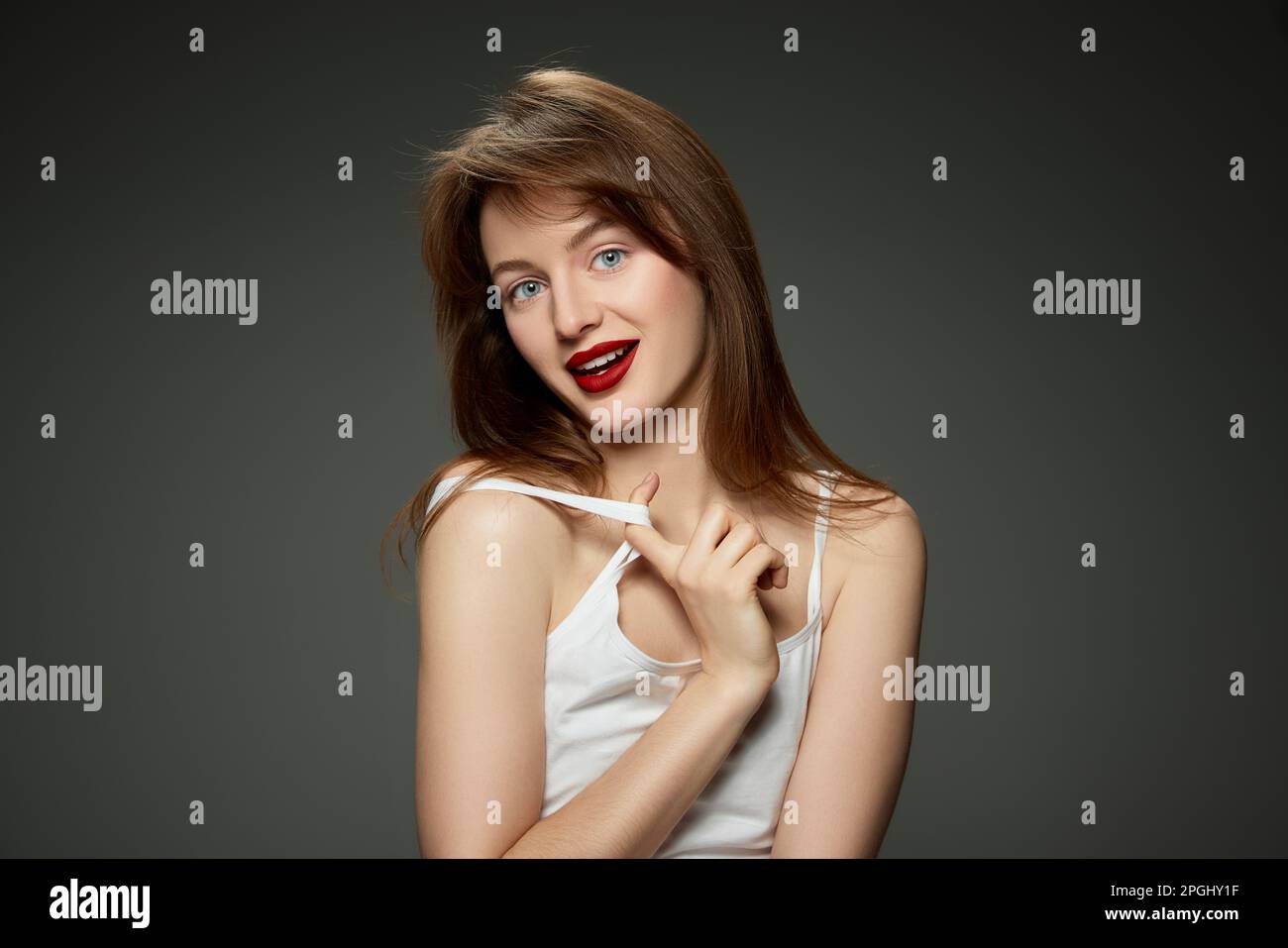 Tender Attractive Blue Eyes Young Girl With Spotless Skin Red Lips