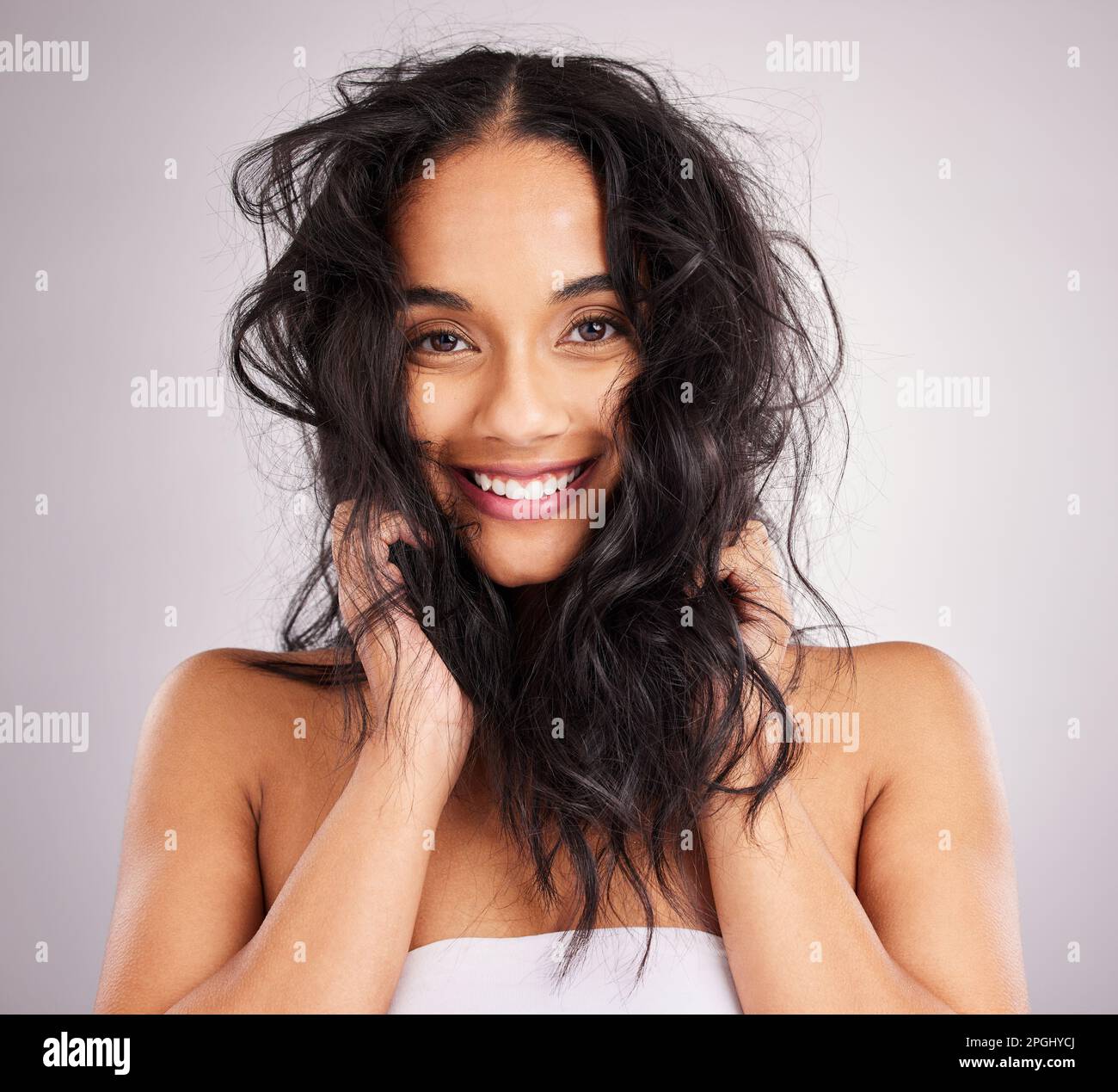 Hair care, woman and beauty with portrait, cosmetics and happy with ...