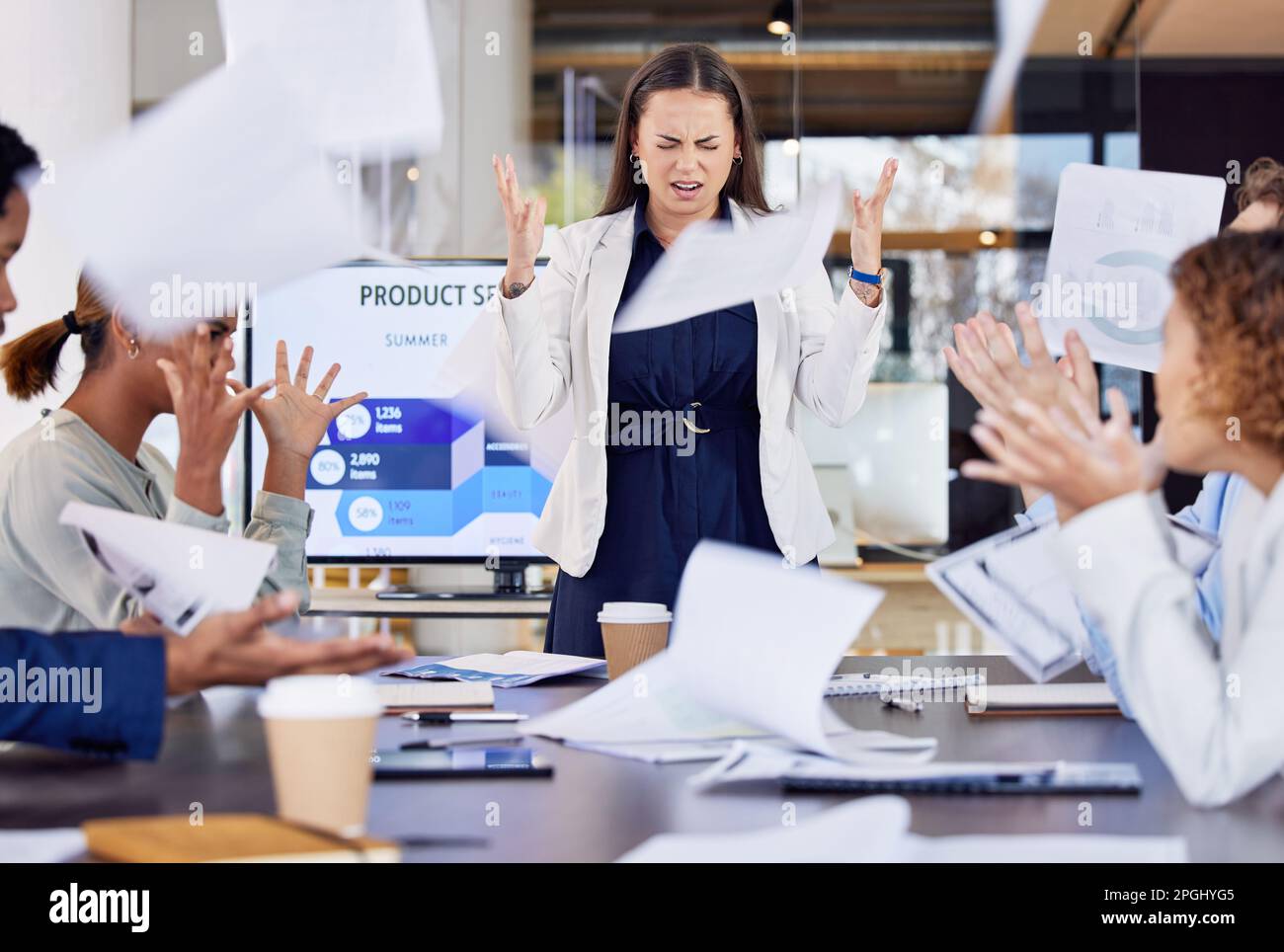 Frustration, argument and business people fighting in meeting while ...