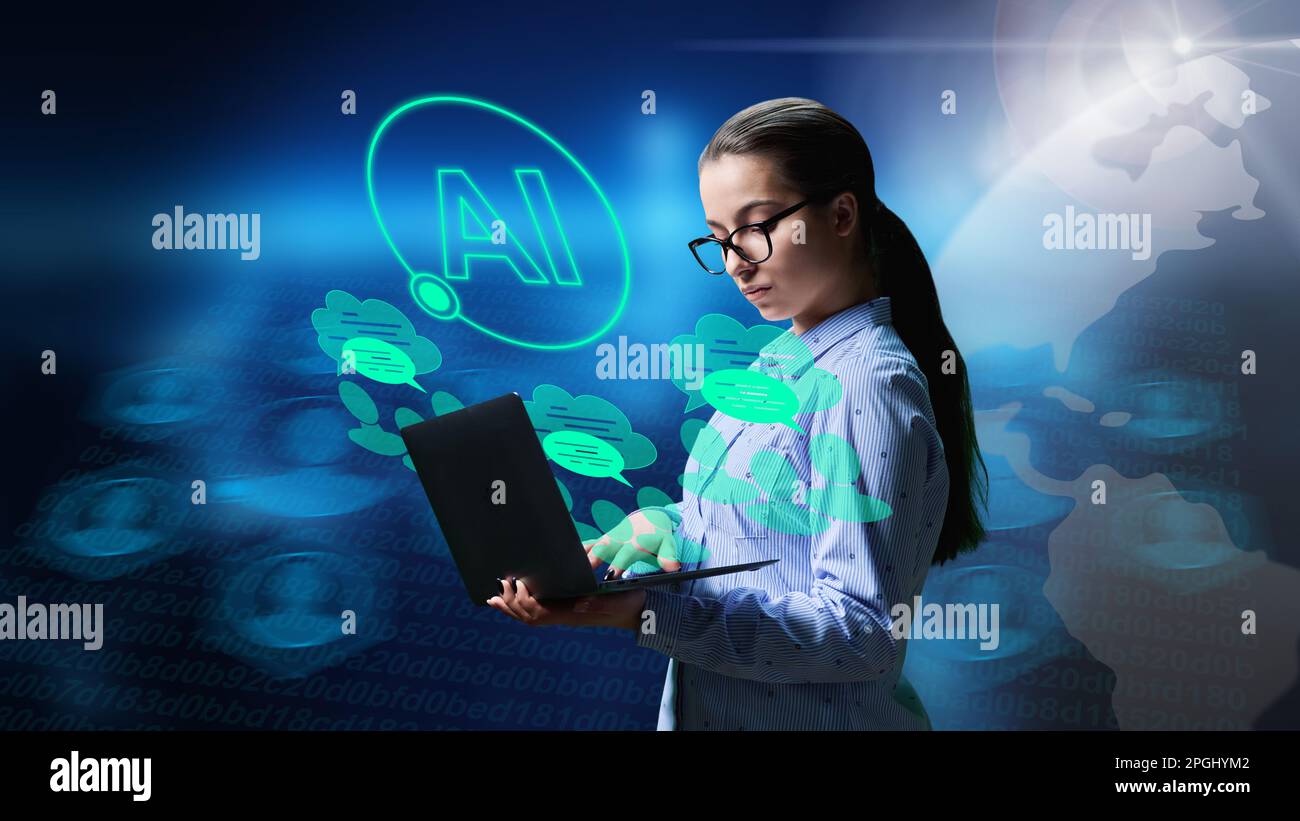 Young teenage female using laptop, ai, chatbot assistant Stock Photo ...
