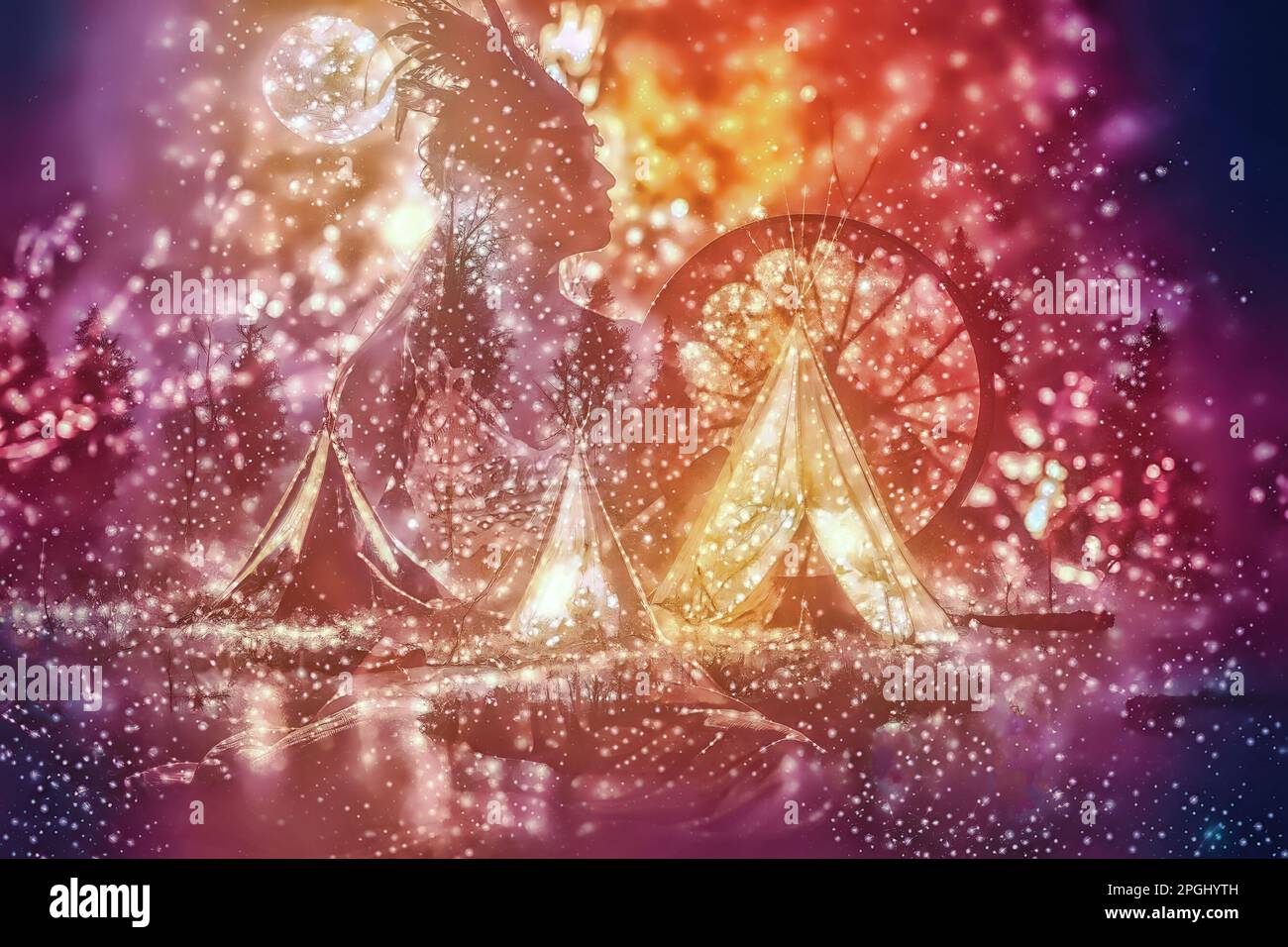 indian teepee standing in beautiful night landscape and shaman woman ...