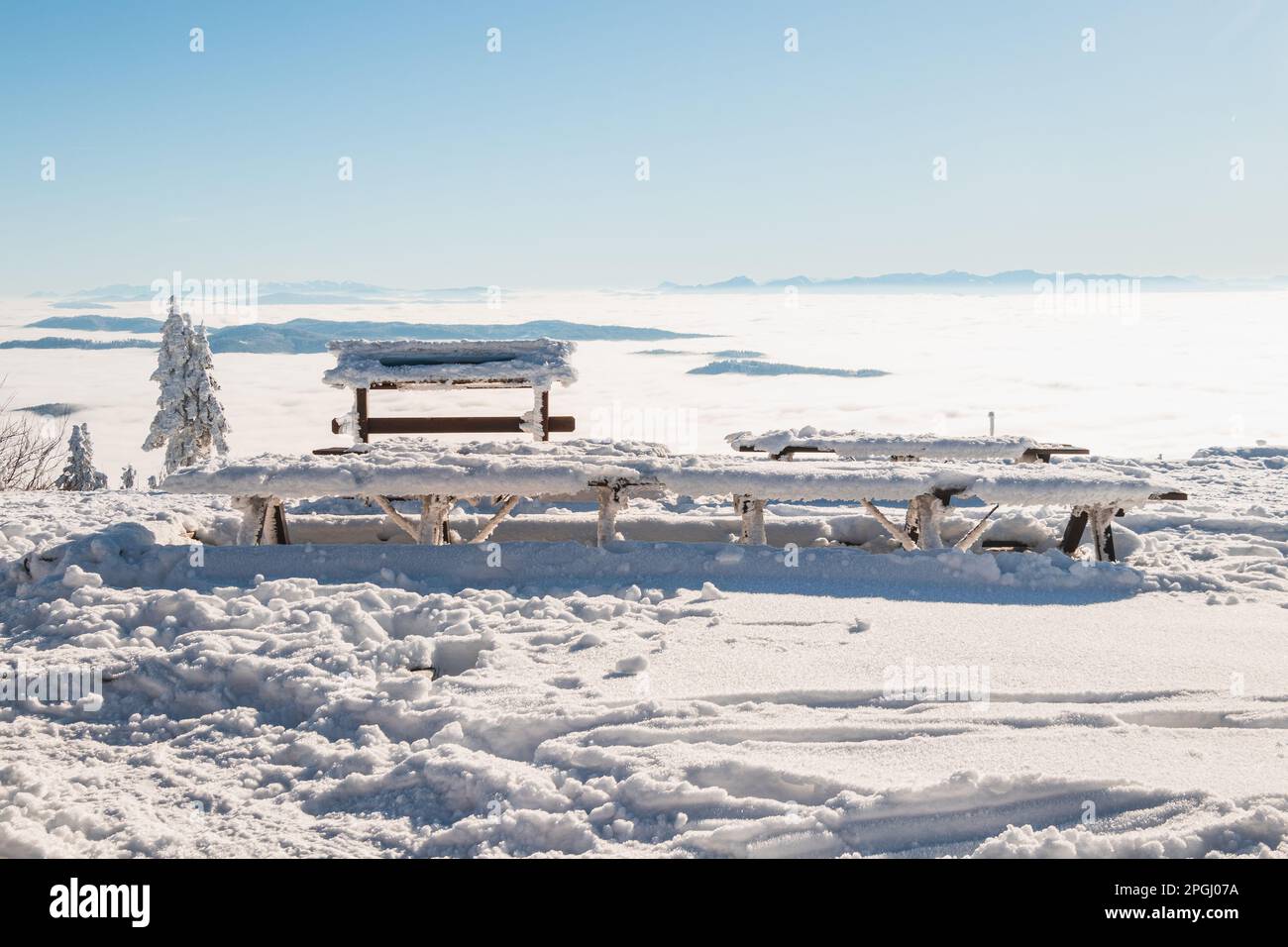 Ideal place with benches and wooden tables at the top of Lysa Hora for ...