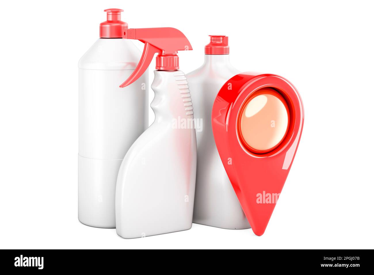 Detergent, cleaning products with map pointer, 3D rendering isolated on ...