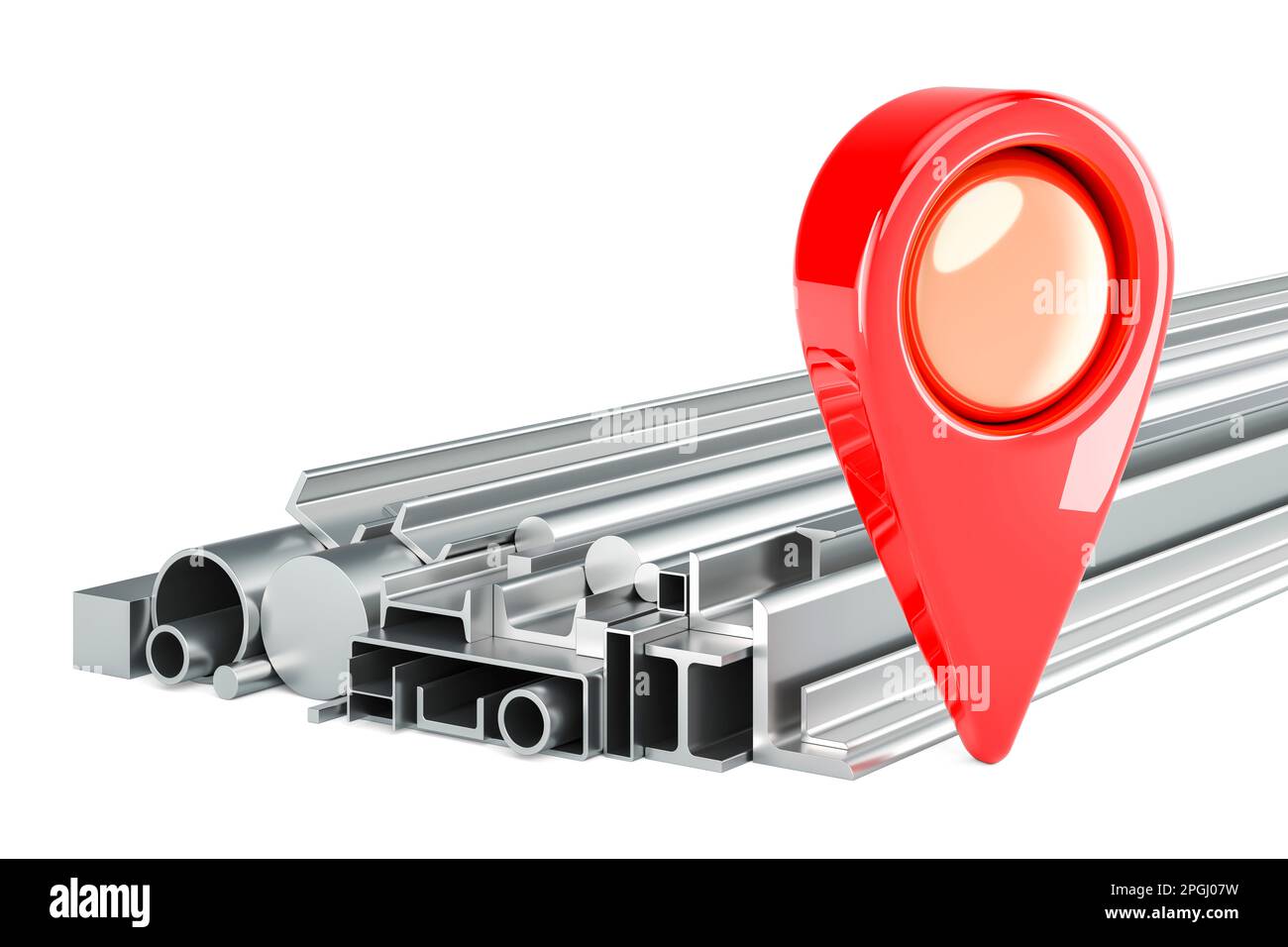 Stack of Rolled Metal Products with map pointer, 3D rendering isolated ...