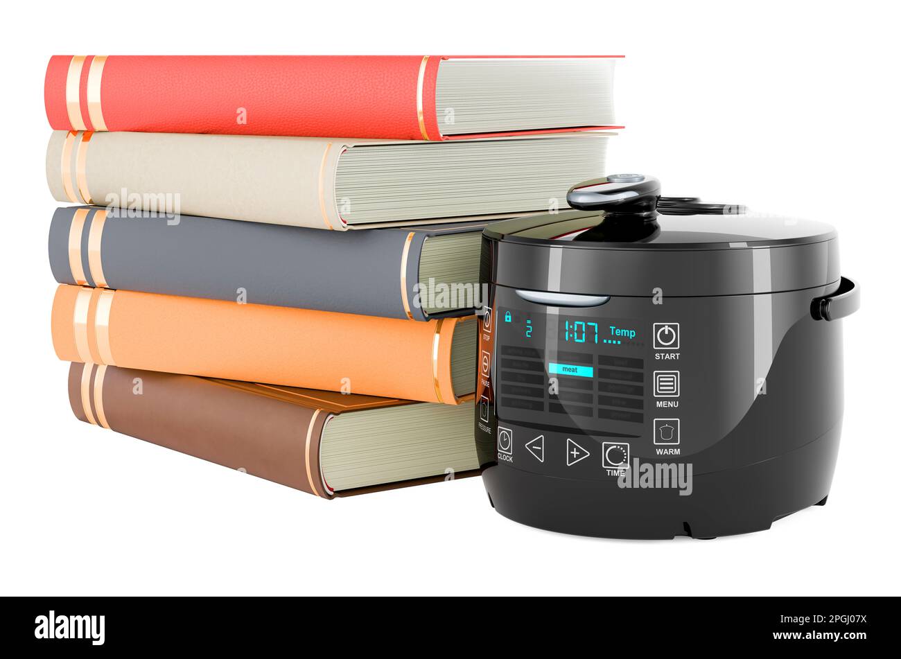 Cookbooks with automatic multicooker, 3D rendering isolated on white ...