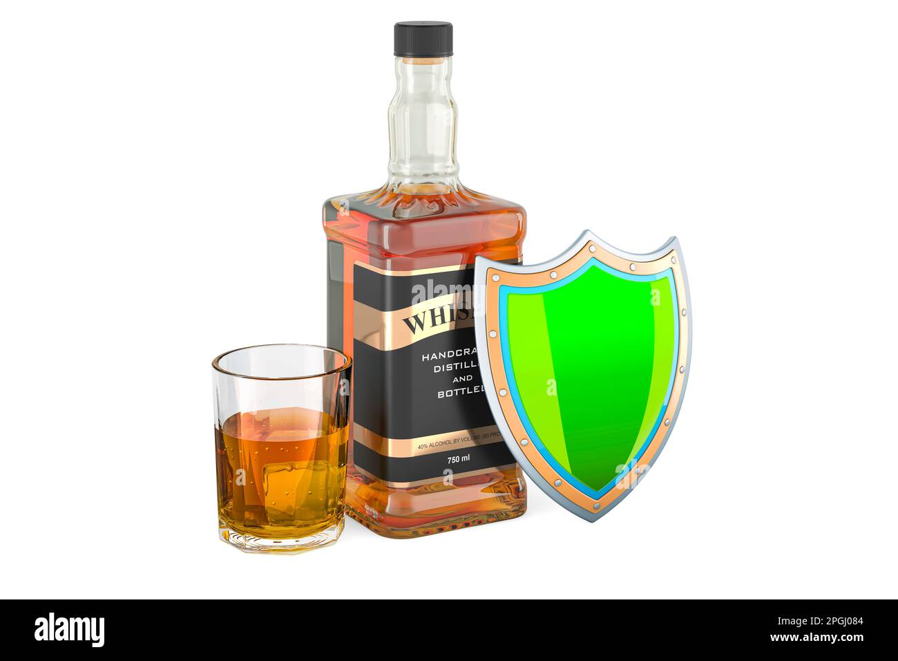 Whiskey bottle and full glass of whiskey with shield. 3D rendering ...