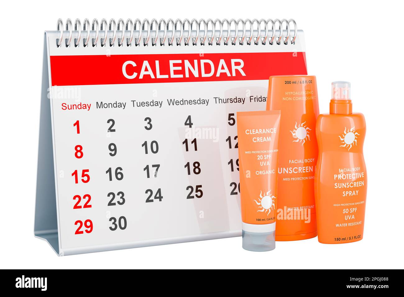 Sunscreen products with desk calendar, 3D rendering isolated on white ...