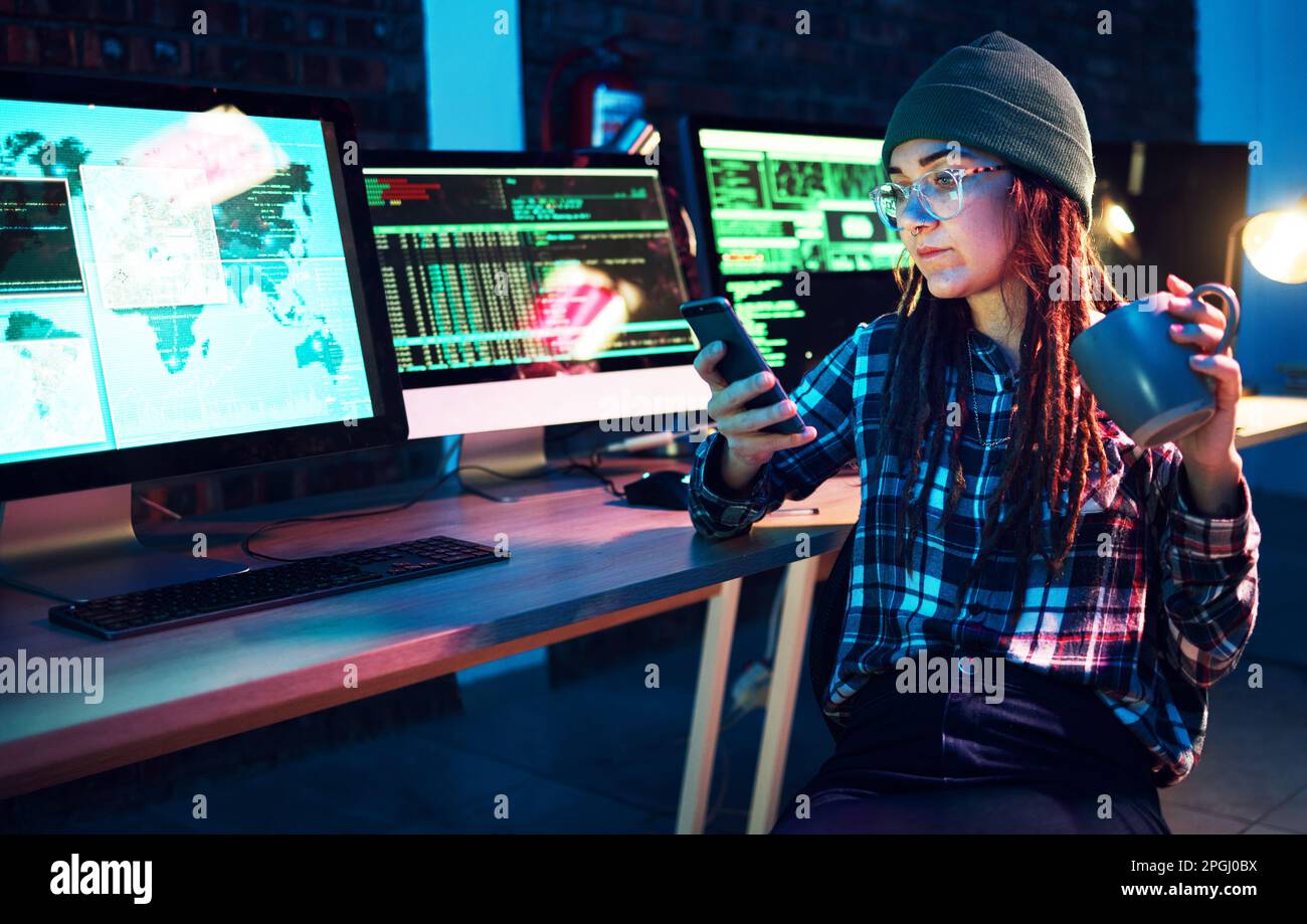 Phone, cyber security or woman by computer screen in dark room at night for coding, phishing or ...