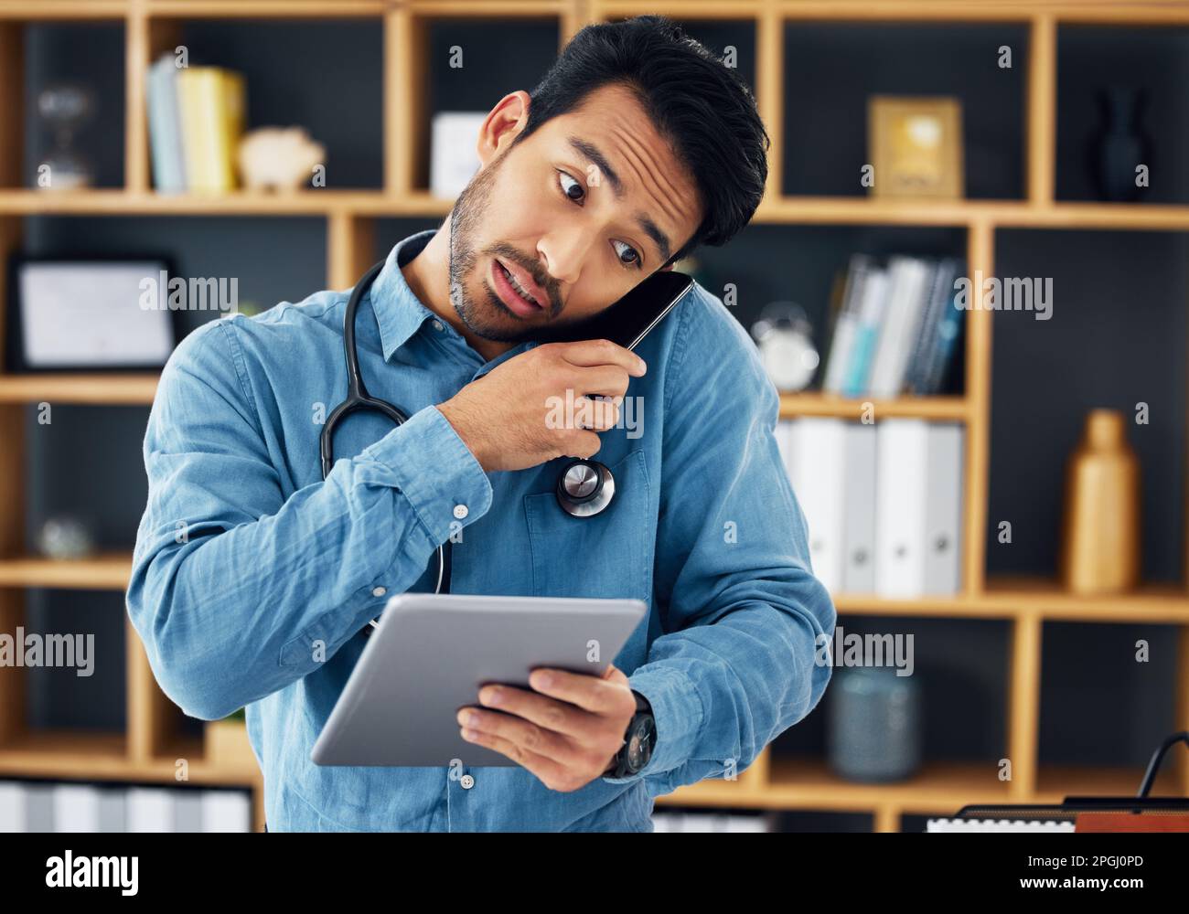 Phone call, tablet and medical consultation by GP in office with ...