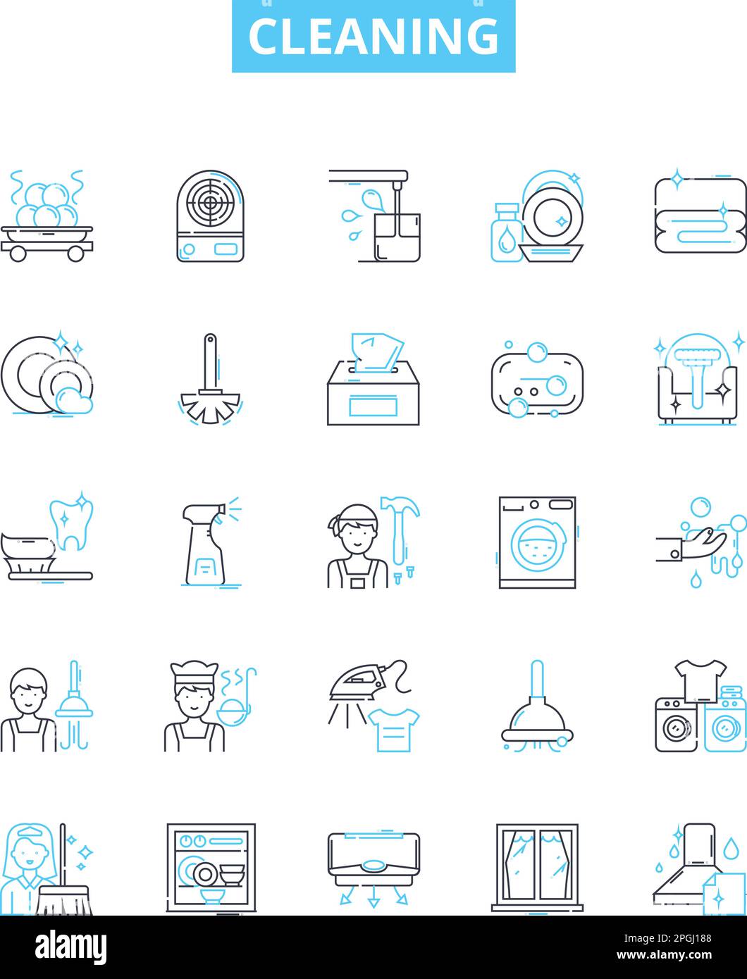 Cleaning vector line icons set. Scrubbing, Polishing, Washing, Sweeping ...