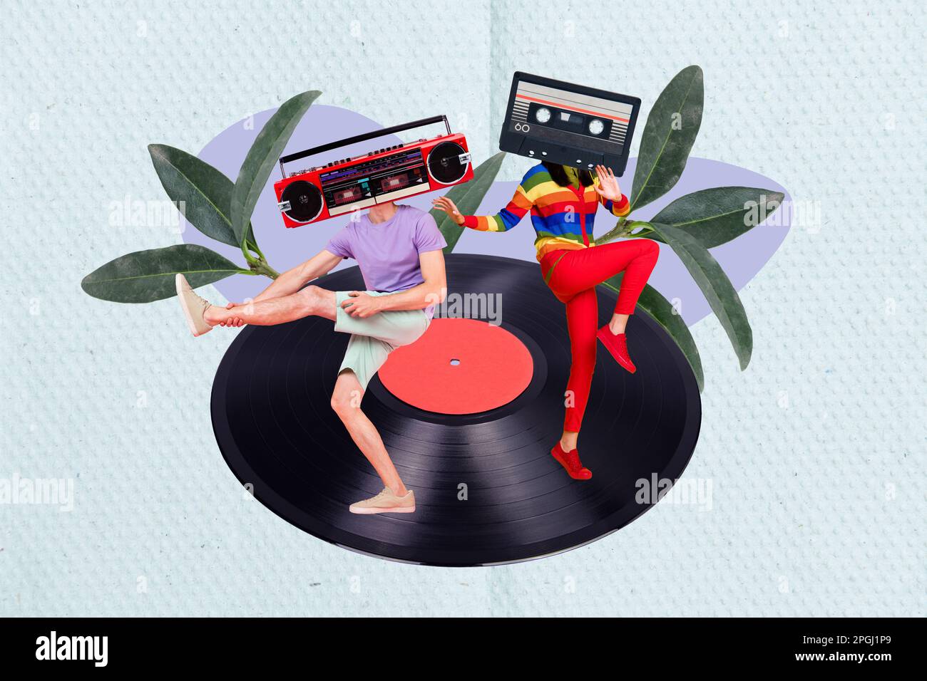 Creative banner collage template of hipsters dancing headless retro ...