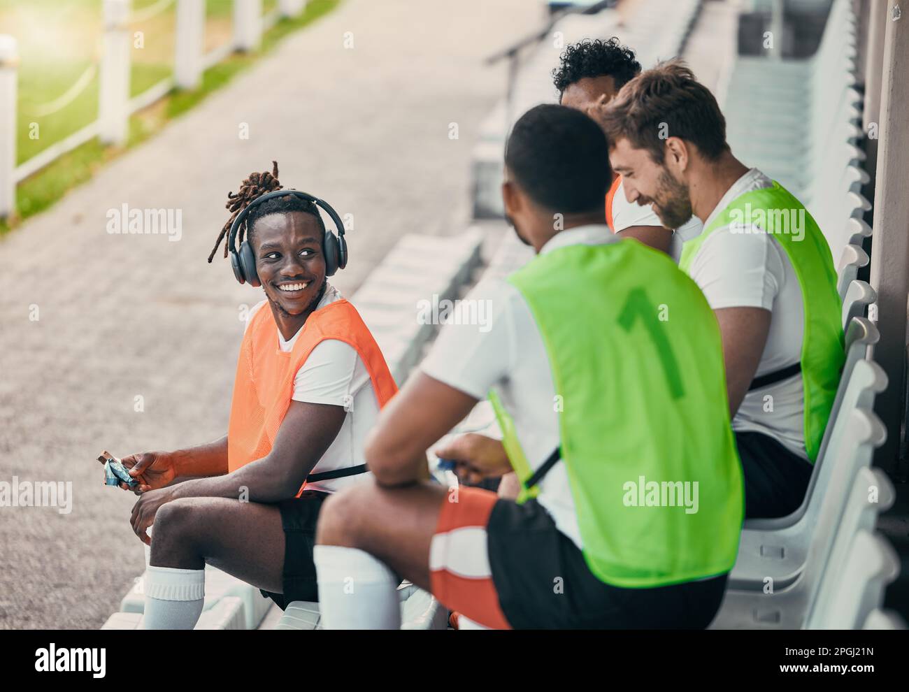 Team, sport and rugby men on break with smile, planning and ...