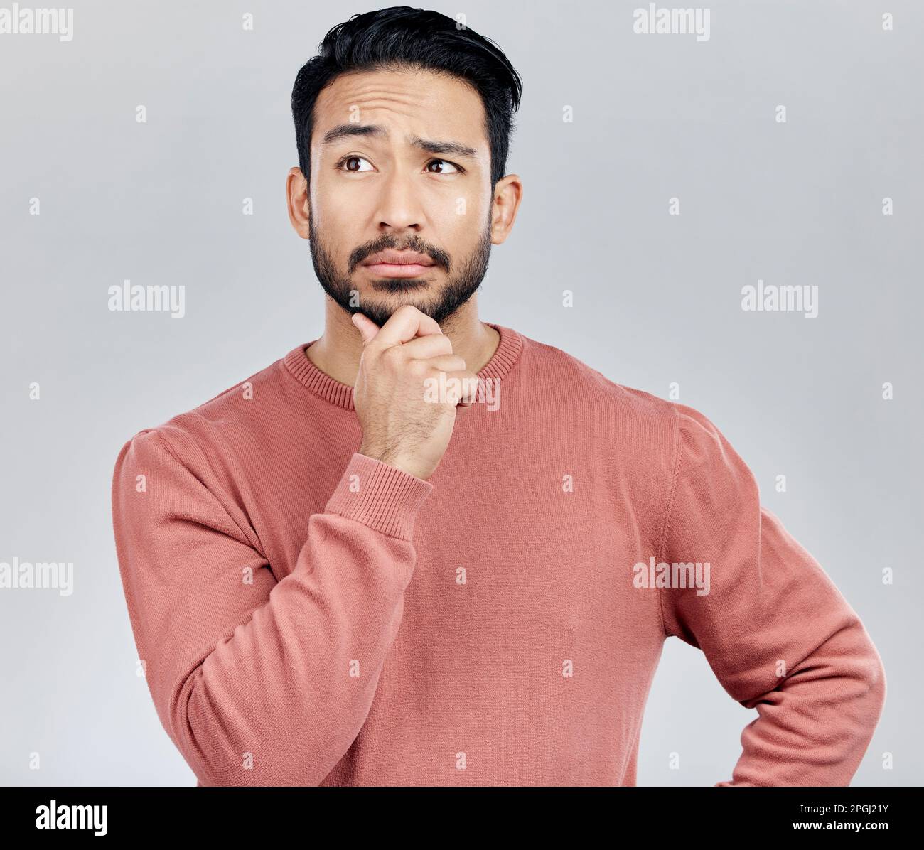 Confused, thinking and Asian man with ideas, decision and thoughtful ...