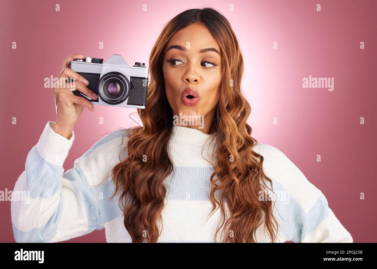 Photography, excited woman with camera on studio background and ...