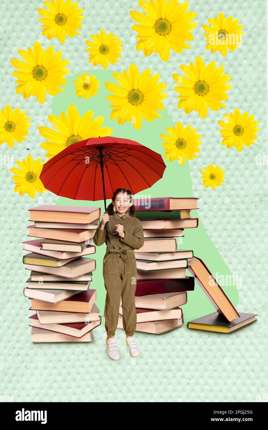 Creative photo artwork of young happy beautiful schoolgirl hold red ...