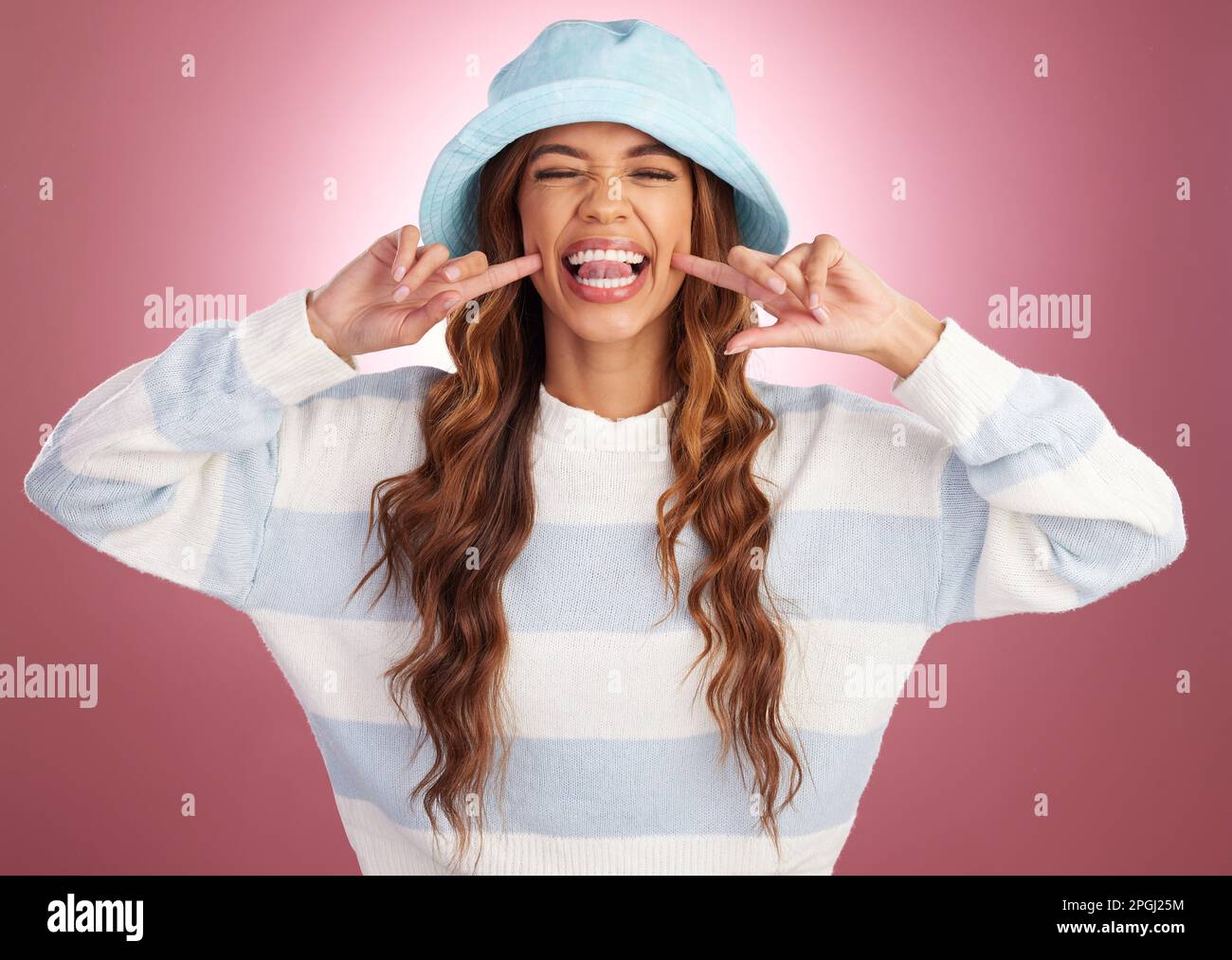 Funny, happy and a portrait of a silly woman isolated on a pink ...