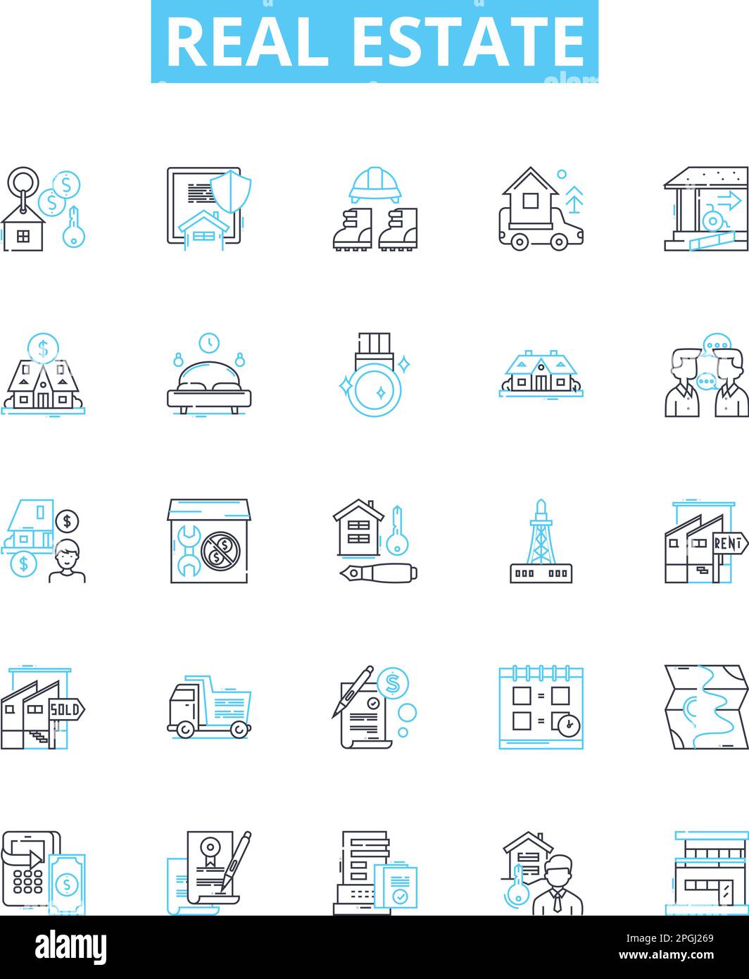 Real estate vector line icons set. property, investment, broker, mortgage, land, home, lease ...