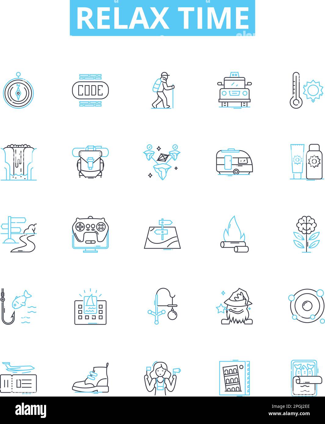 Relax time vector line icons set. Unwind, Recharge, Soothe, Repose ...