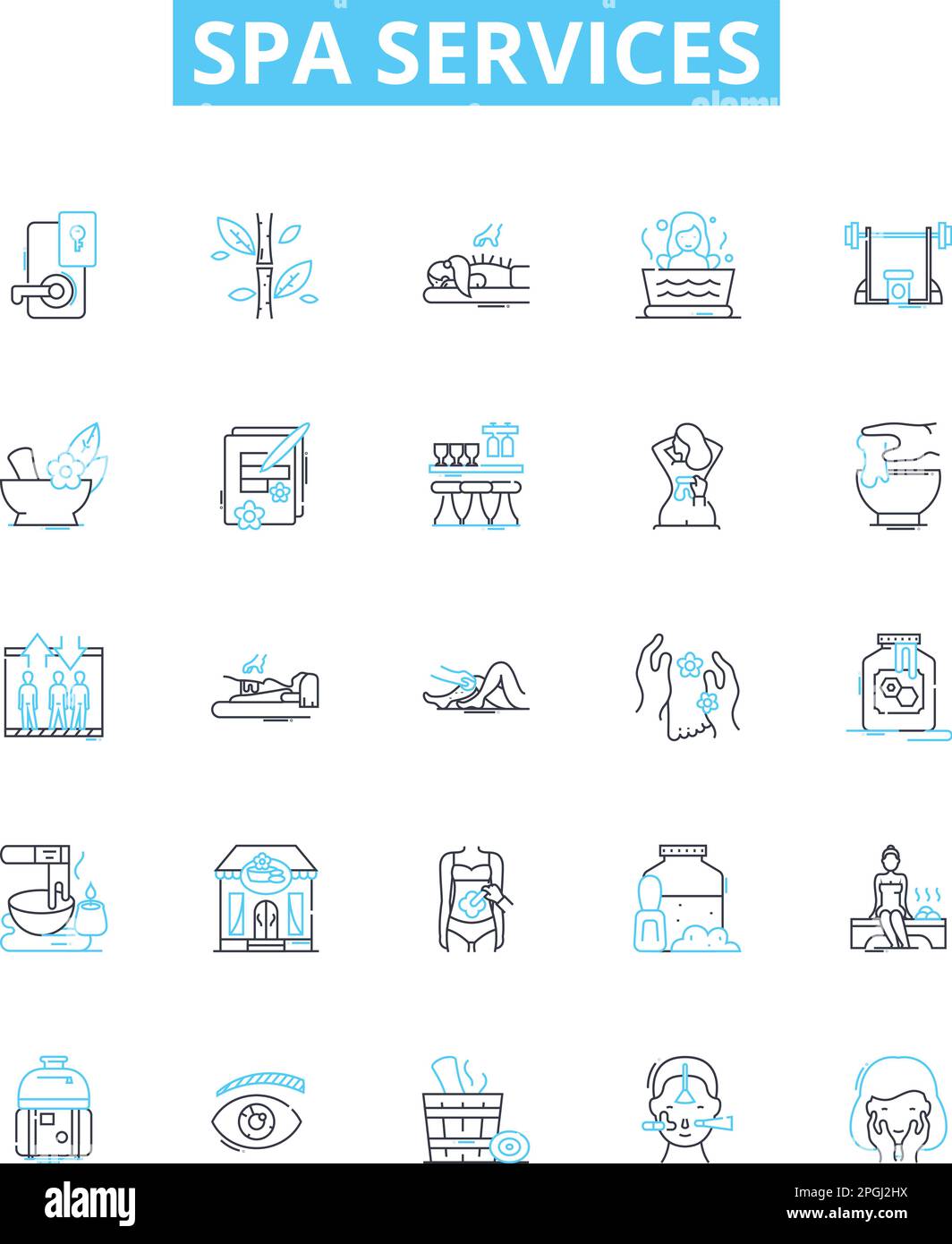 Spa services vector line icons set. Massage, Facial, Pedicure, Manicure, Waxing, Sauna, Scrubs ...