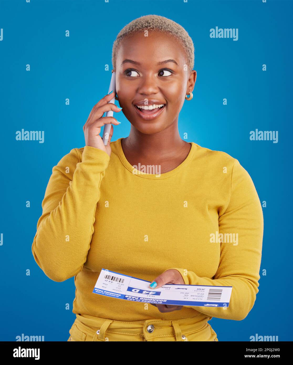 Phone call, travel ticket and black woman in studio with flight ...