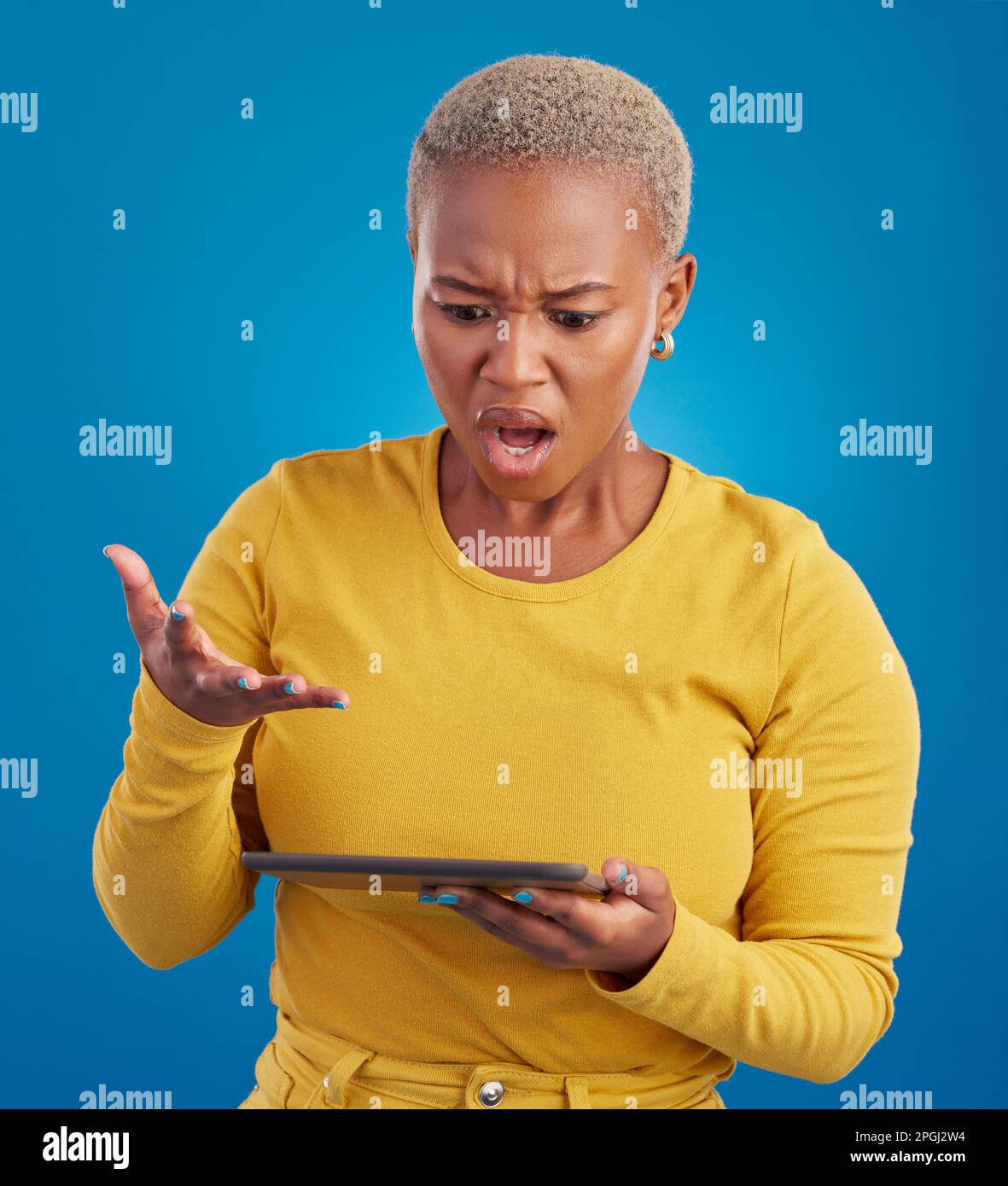 Tablet, confused and what of woman shocked on stock market crash, risk ...