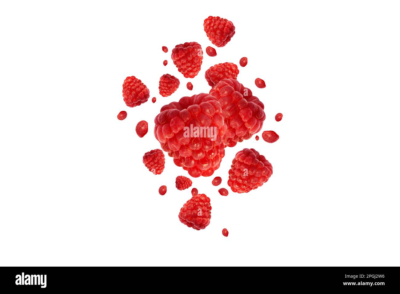 raspberries falling on a white background Stock Photo - Alamy