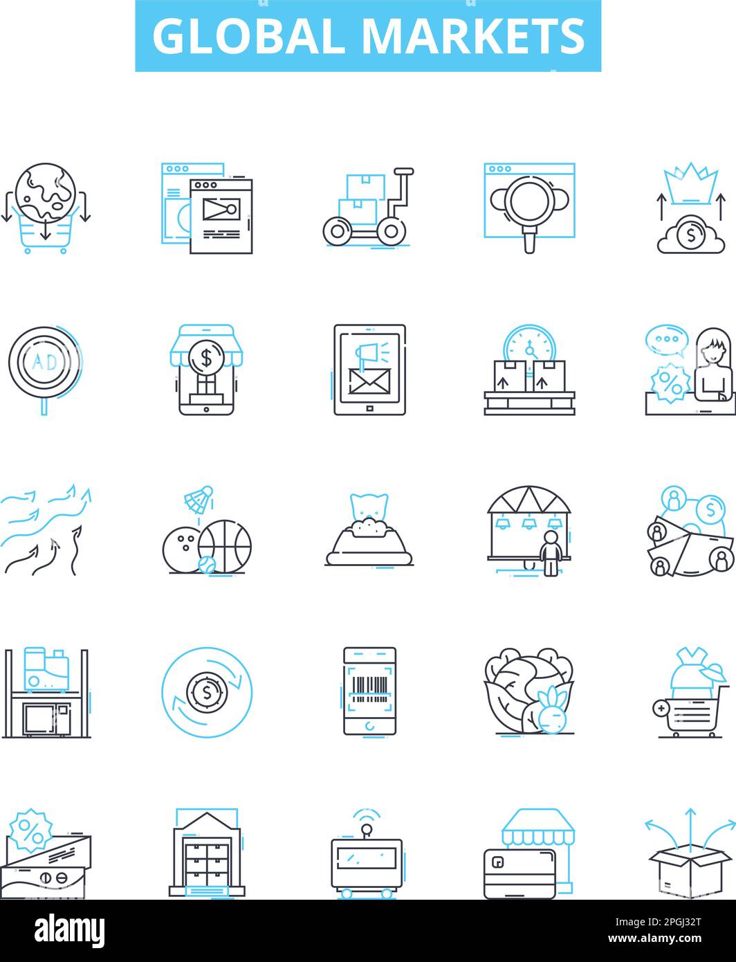 Global markets vector line icons set. Markets, Global, Trade, Exchange, Stock, Currency ...
