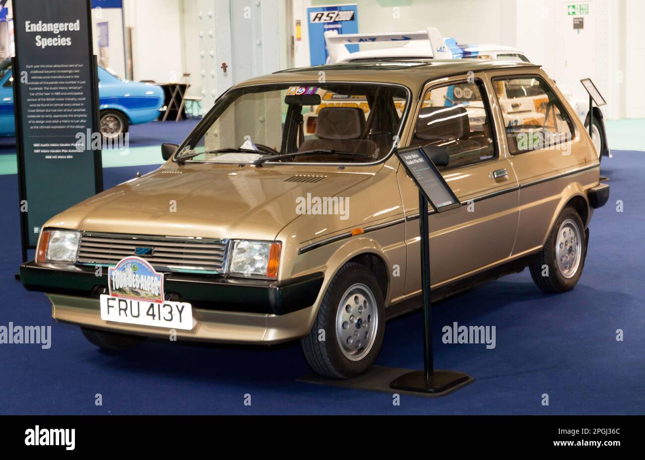 Three-quarter Front View of a Gold, 1983, Austin Metro Vanden Plas Mk1 , on display at the 2023 ...
