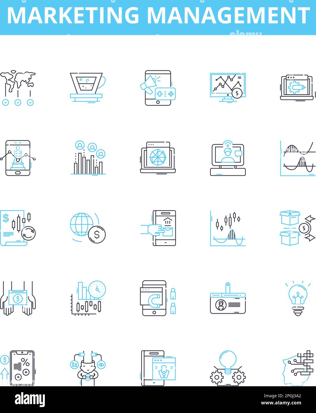 Marketing management vector line icons set. Strategy, Advertising, Branding, Research, Analysis ...