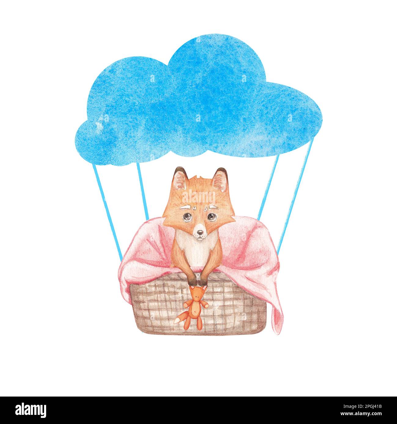 Cute little fox on a balloon in watercolor. Baby fox. A fox in the ...